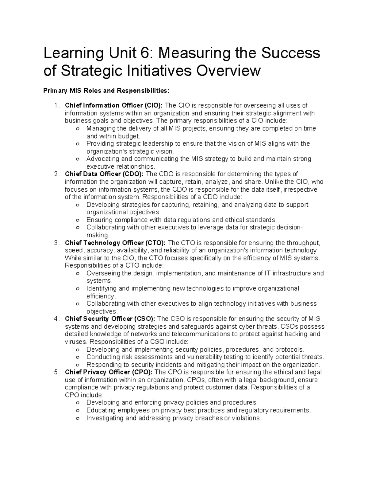 Learning Unit 6 Measuring the Success of Strategic Initiatives Overview ...