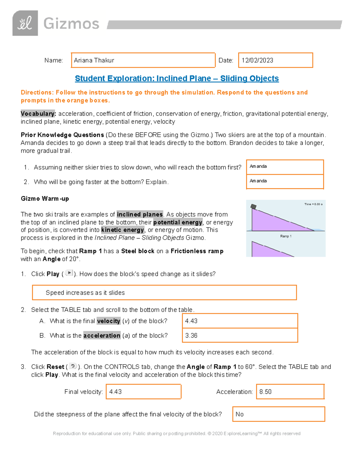 Inclined Plane Sliding SE - Name: Ariana Thakur Date: 12/02/ Student ...