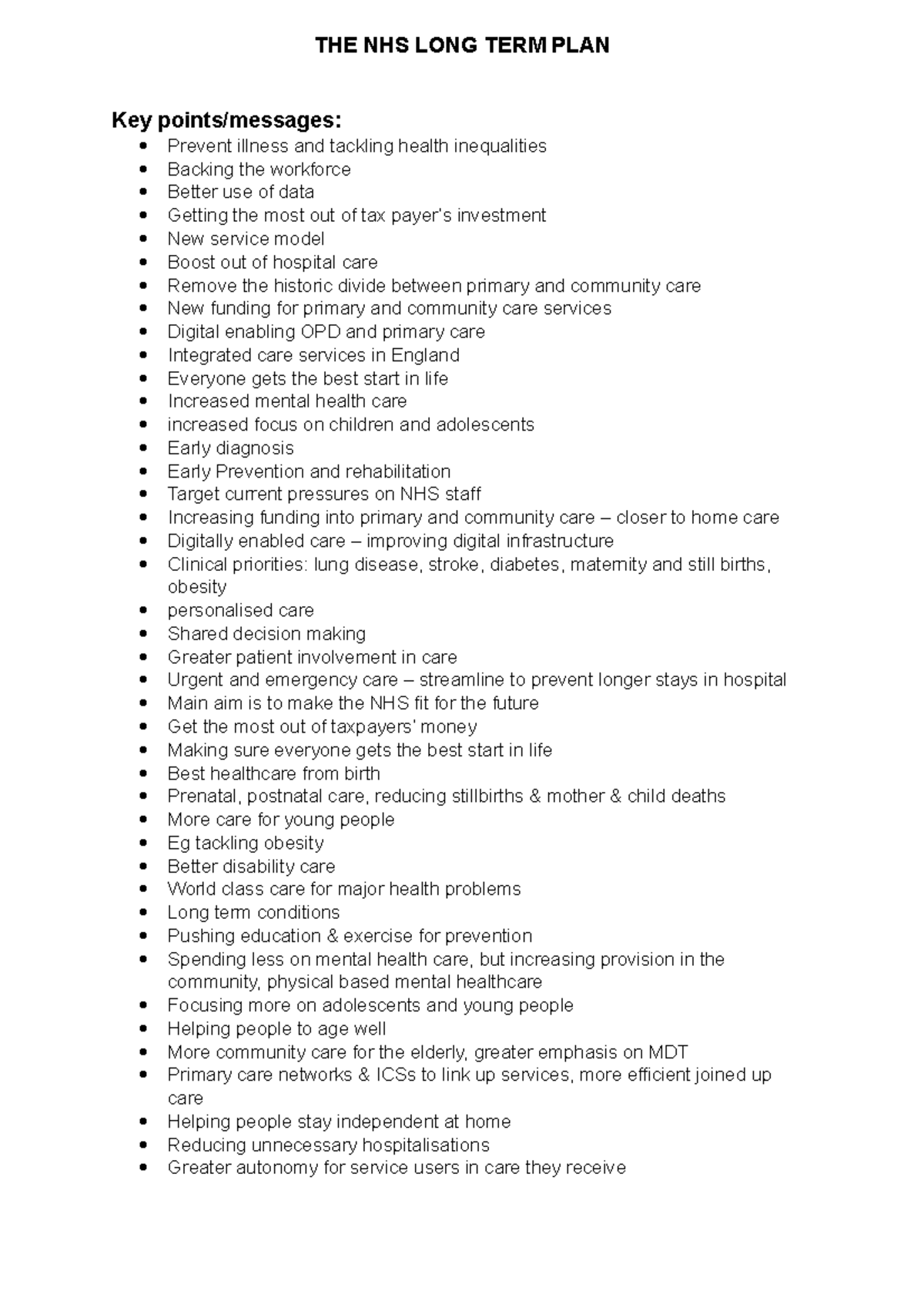 NHS LTP seminar notes all groups combined - THE NHS LONG TERM PLAN Key ...