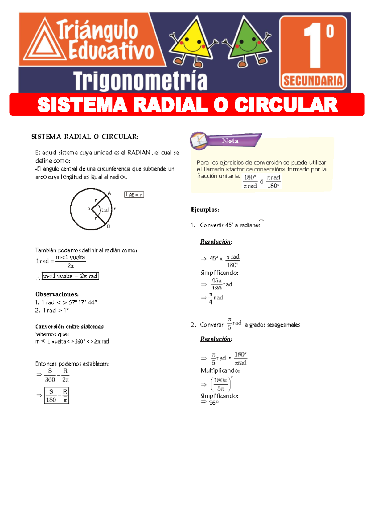 Trigonometria 2-1ERO- Secundaria - l AB = r SISTEMA RADIAL O CIRCULAR ...