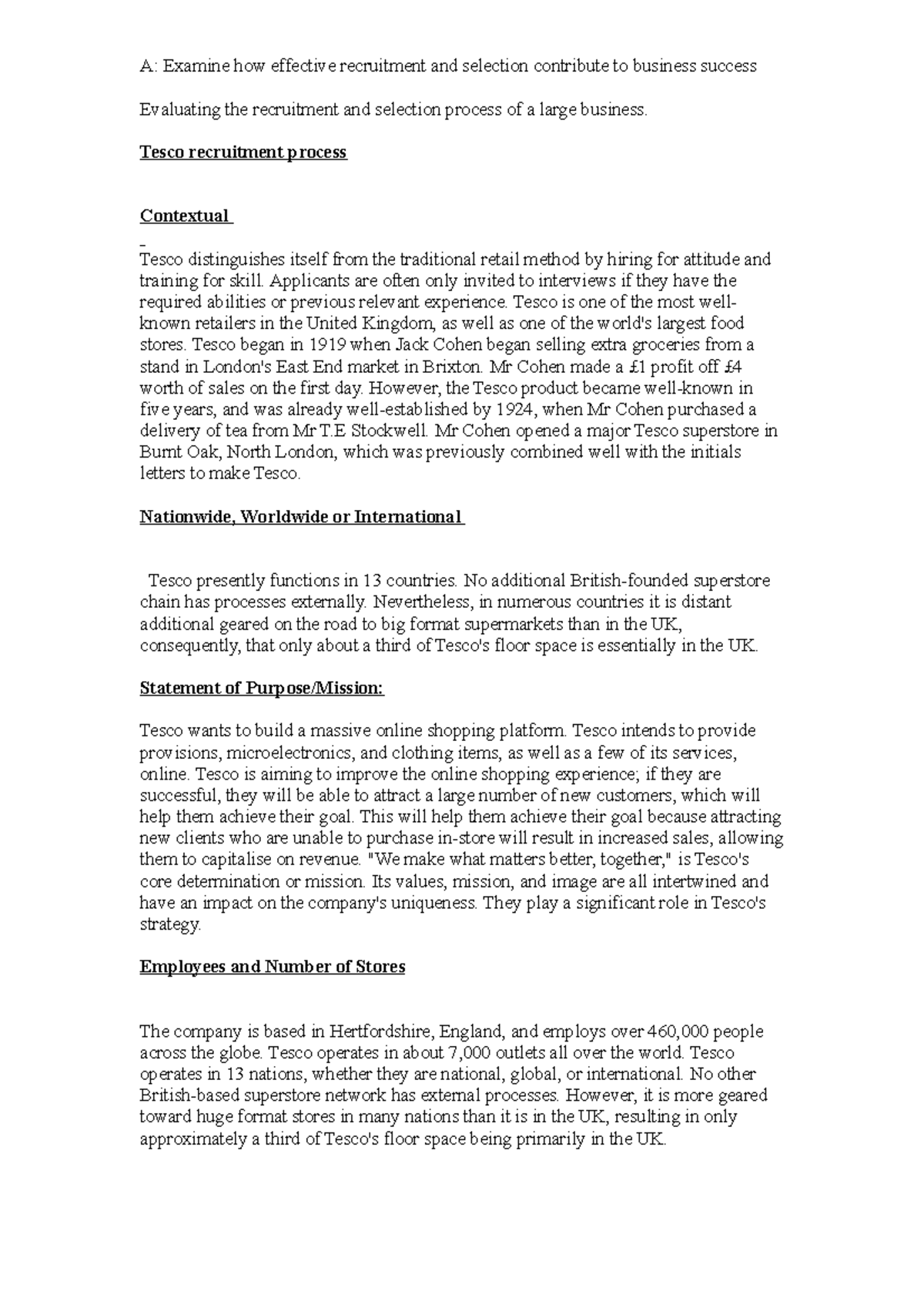 Tesco recruitment process - A: Examine how effective recruitment and ...