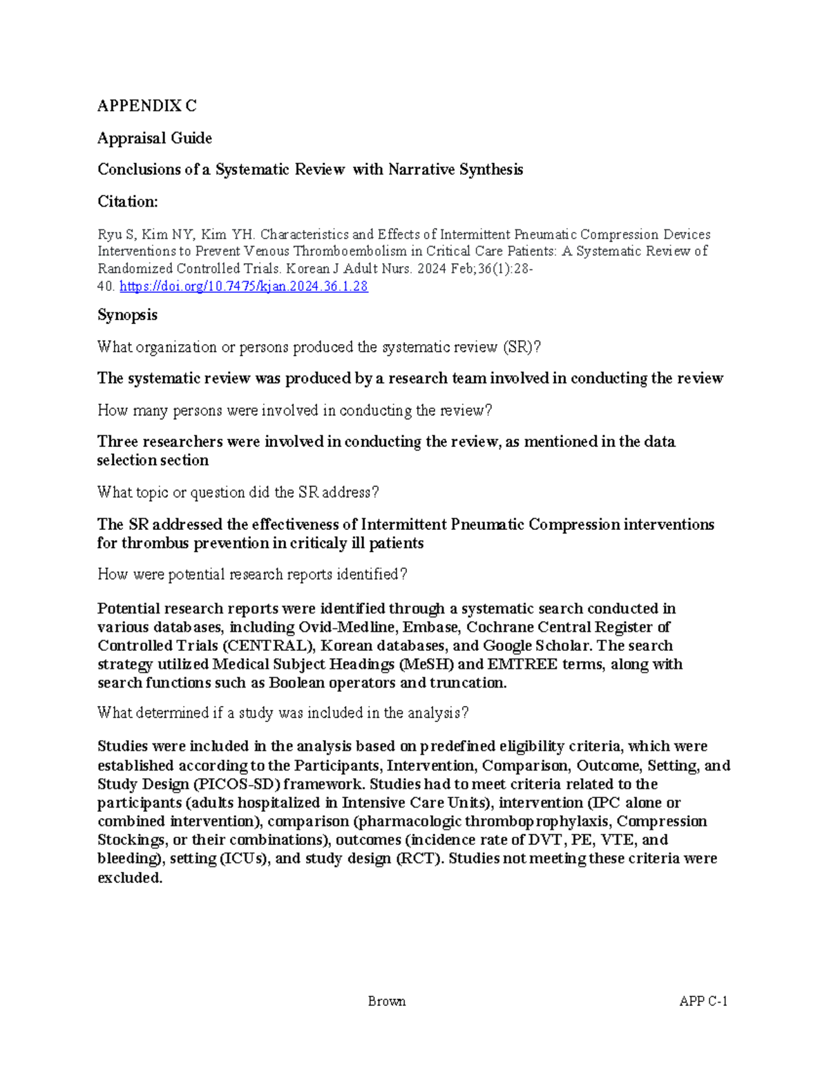 Systematic Review-1 - j biniunb - Brown APP C- 1 APPENDIX C Appraisal Guide Conclusions of a ...