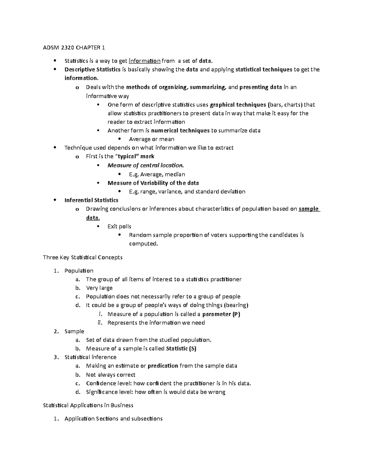 ADSM 2320 Chapter 1,2,3 - ADSM 2320 CHAPTER 1 Statistics is a way to ...