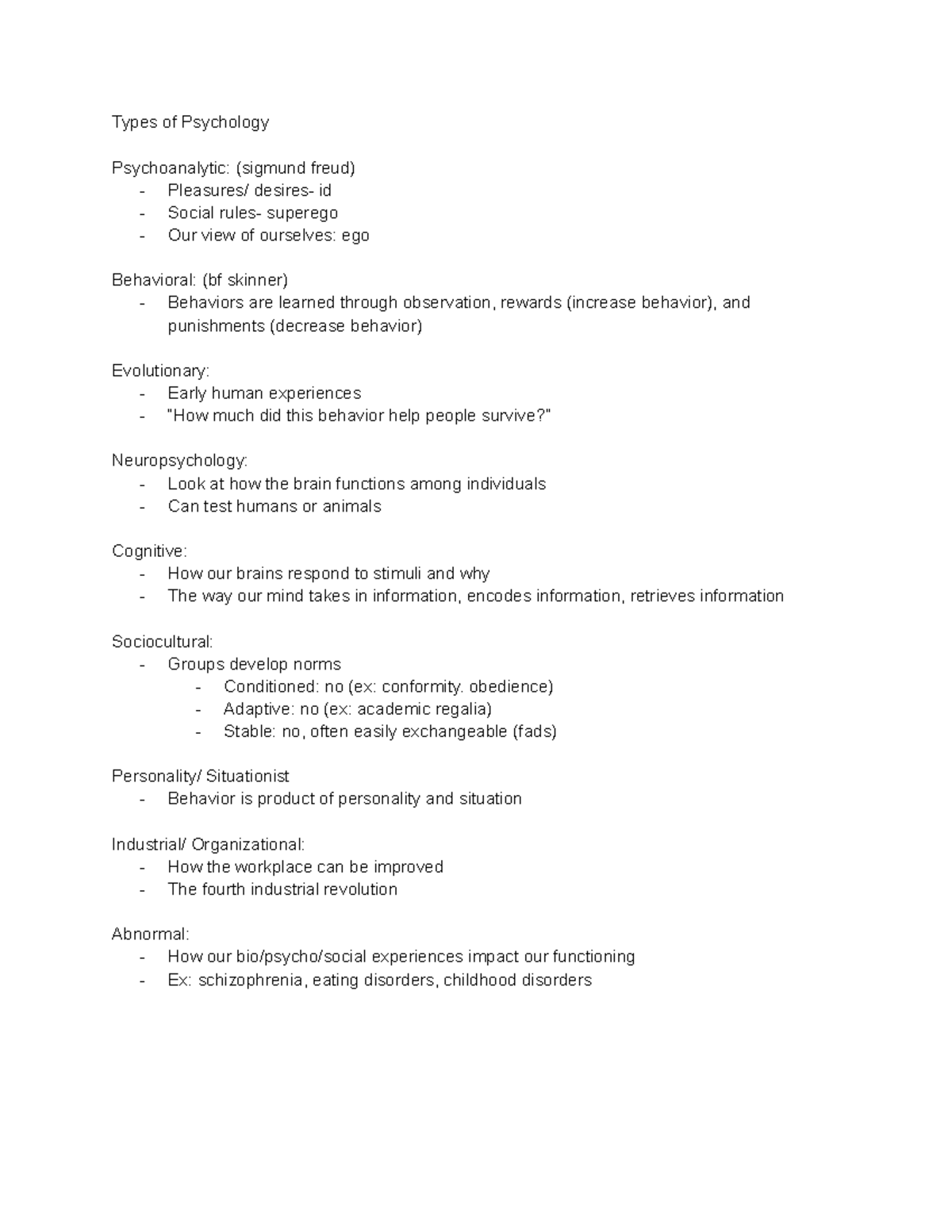 Notes 9 15 - Types of Psychology Psychoanalytic: (sigmund freud ...