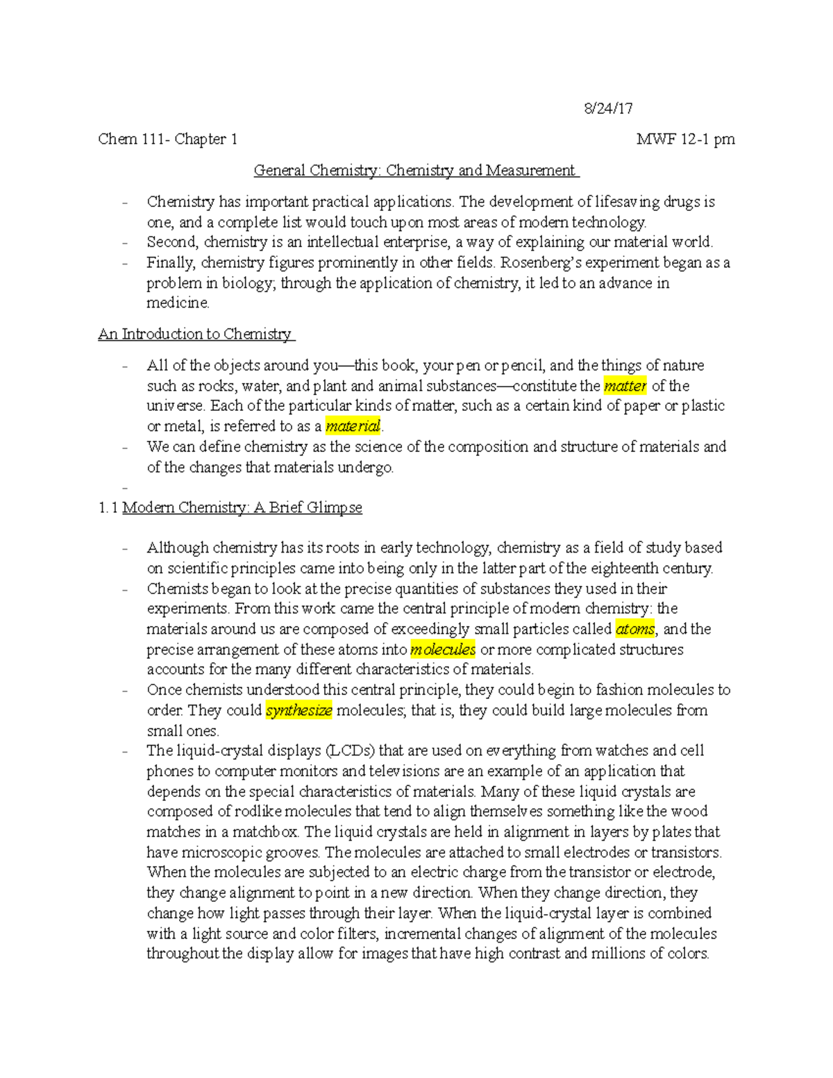 Chem 111 Ch 1 Chemistry & Measurment - Chem Chapter 1 MWF pm General ...