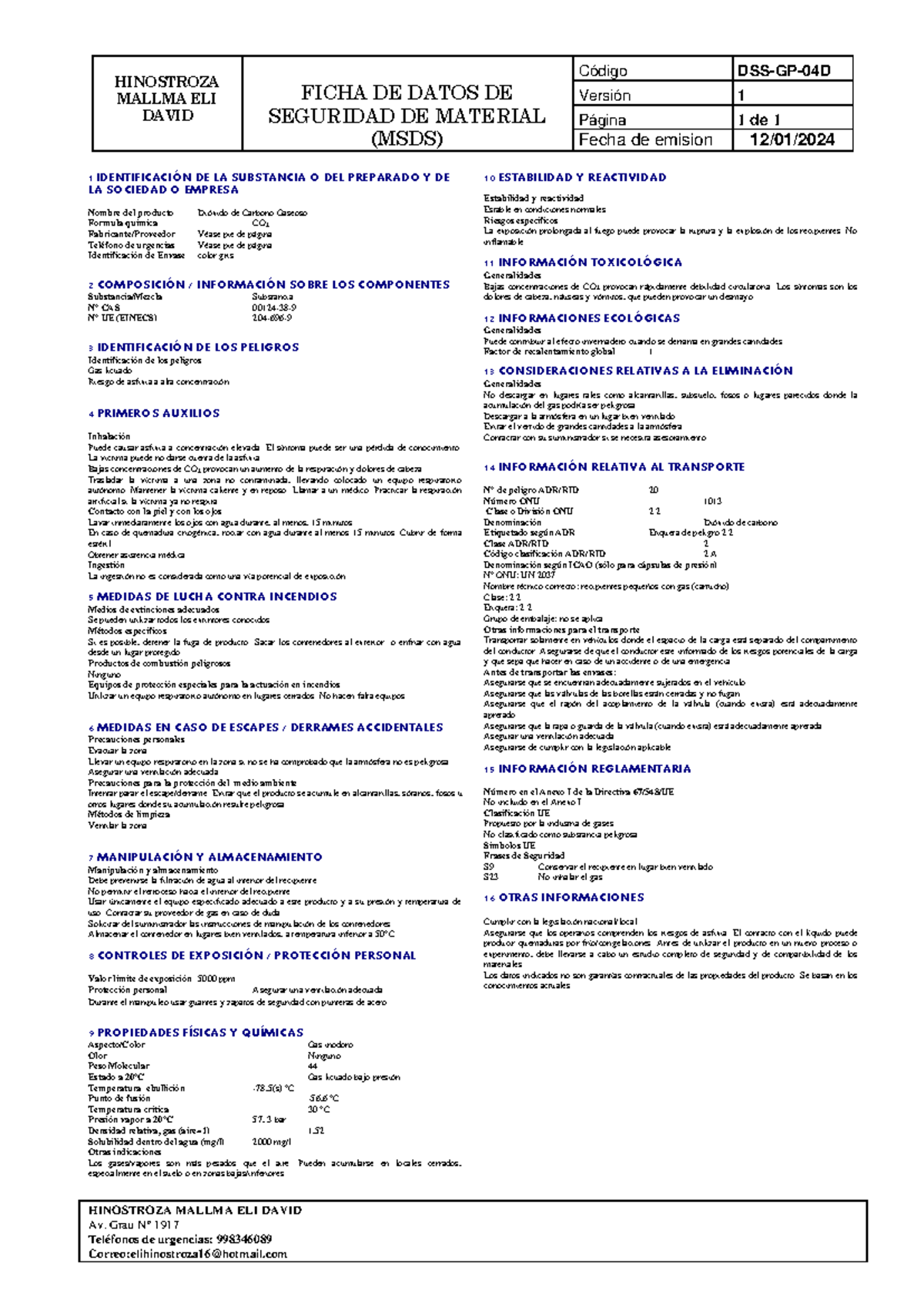Dioxido DE Carbono CO2 - Hshsbs - HINOSTROZA MALLMA ELI DAVID FICHA DE ...