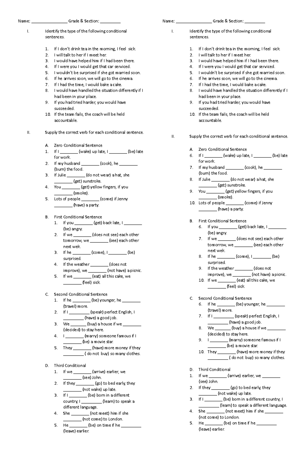 Summative Assessment (Conditional Sentence) - Name ...