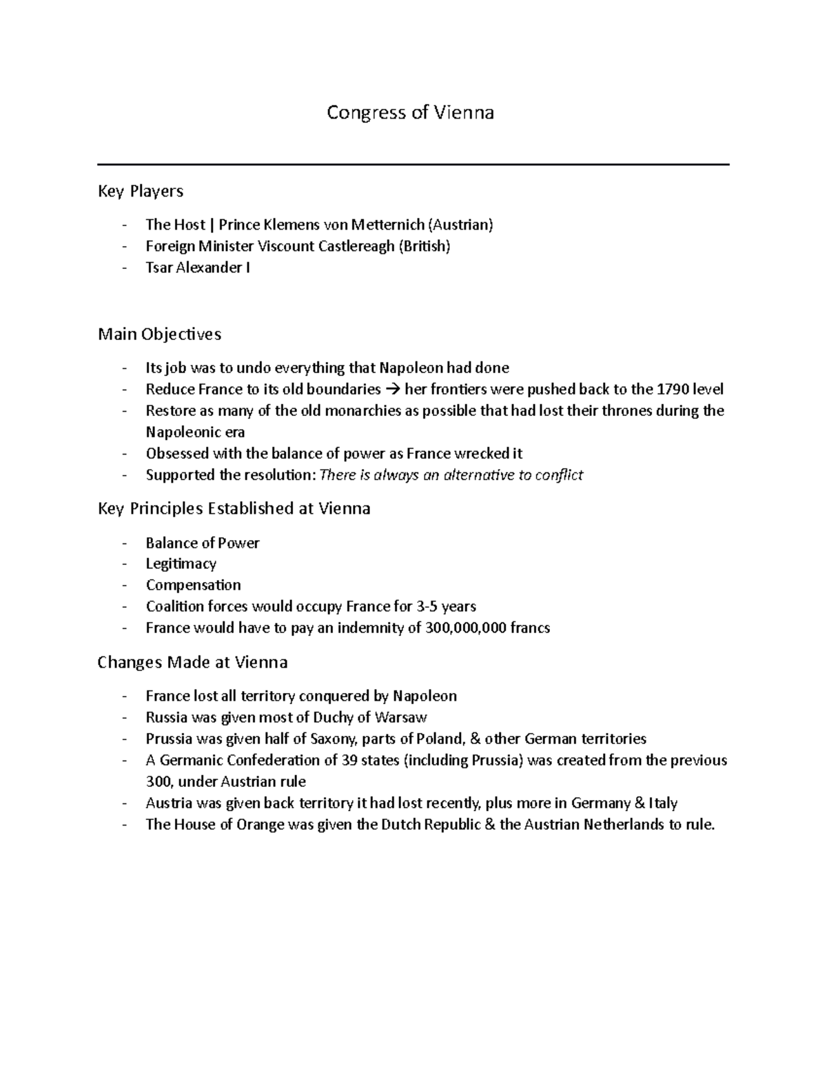 Congress of Vienna - Covers the AP European History Notes (Uploader ...