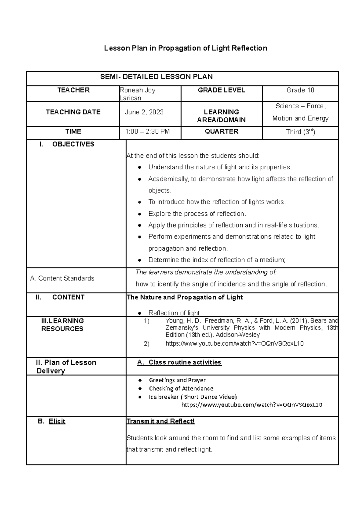 P6 Lesson Plan in Propagation of Light - Lesson Plan in Propagation of ...