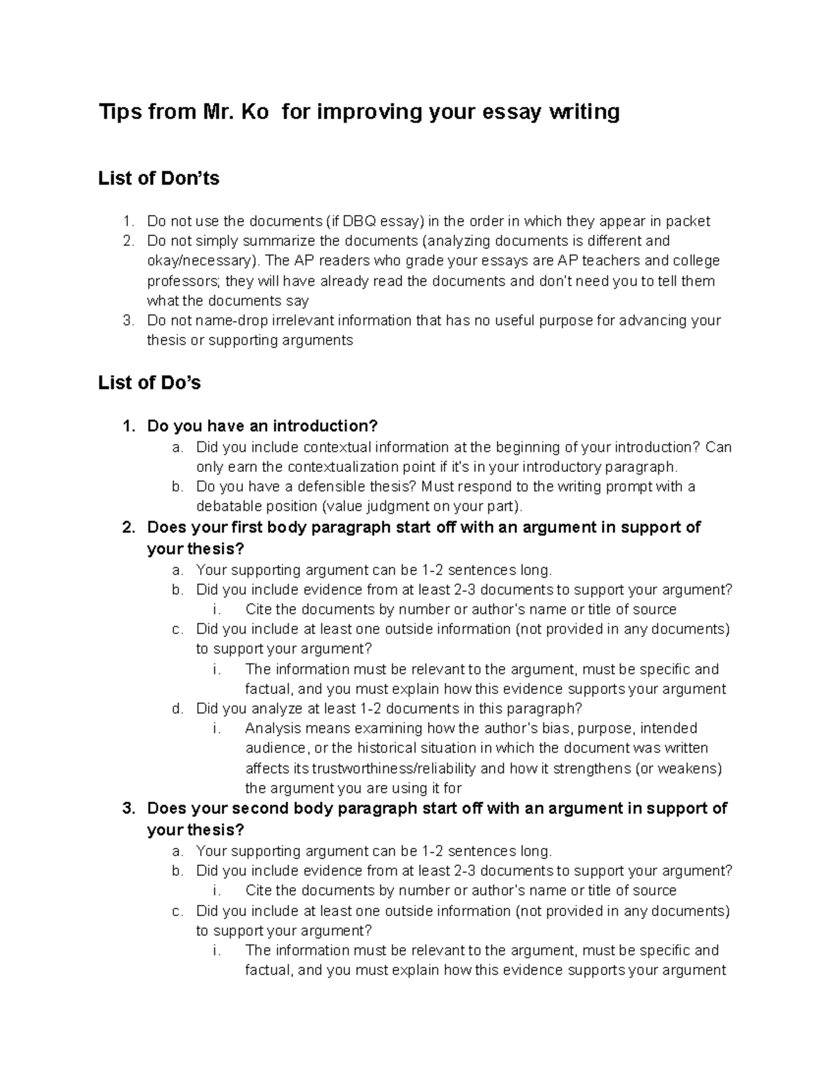 Tips to improve essay writing - Tips from Mr. Ko for improving your essay writing List of Don’ts ...