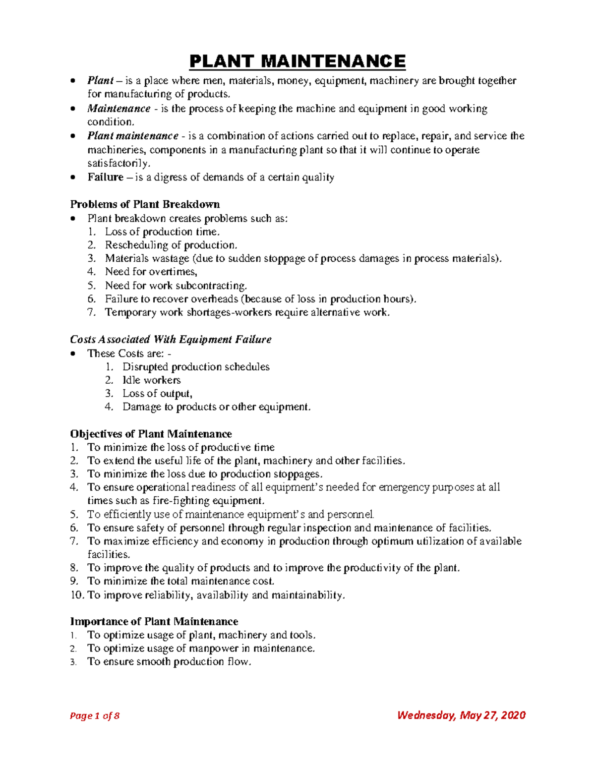 Plant Maintenance Notes - PLANT MAINTENANCE Plant – is a place where ...