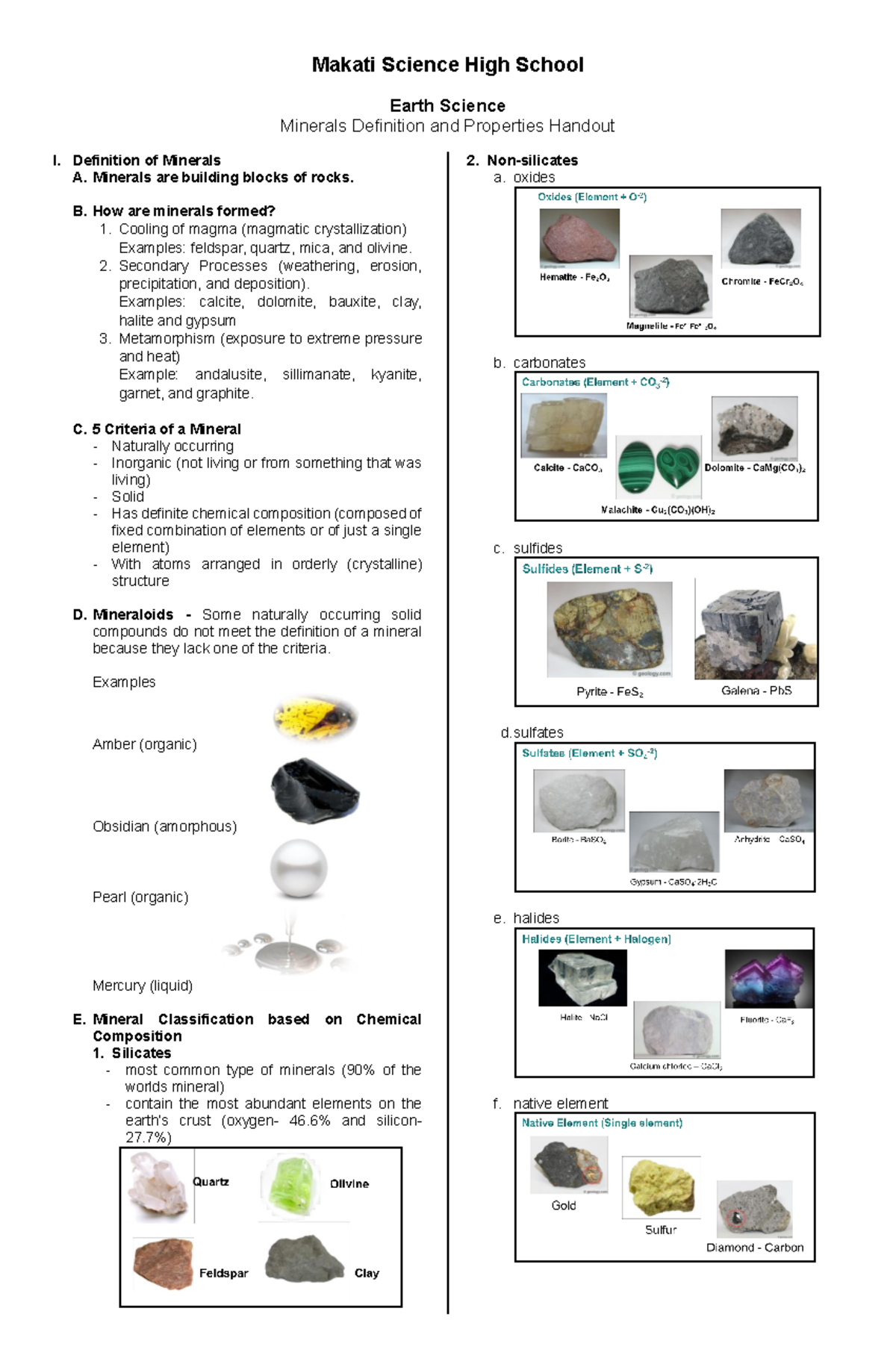 Minerals Definition and Properties Handout - Makati Science High School ...