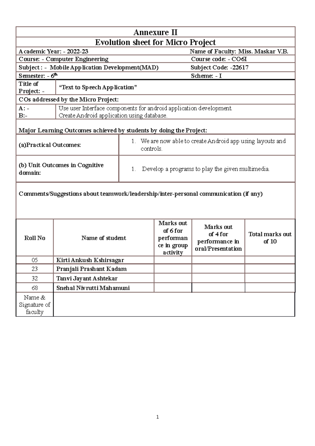 Mad micro project text to speech - Annexure II Evolution sheet for Micro Project Academic Year ...