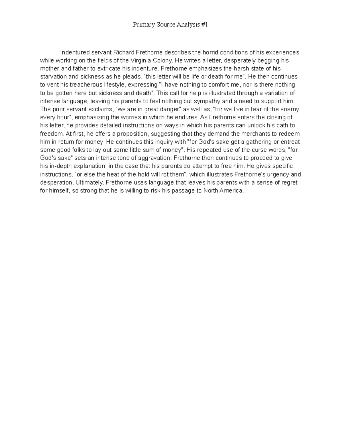 Primary Source Analysis #1 - Primary Source Analysis Indentured servant ...