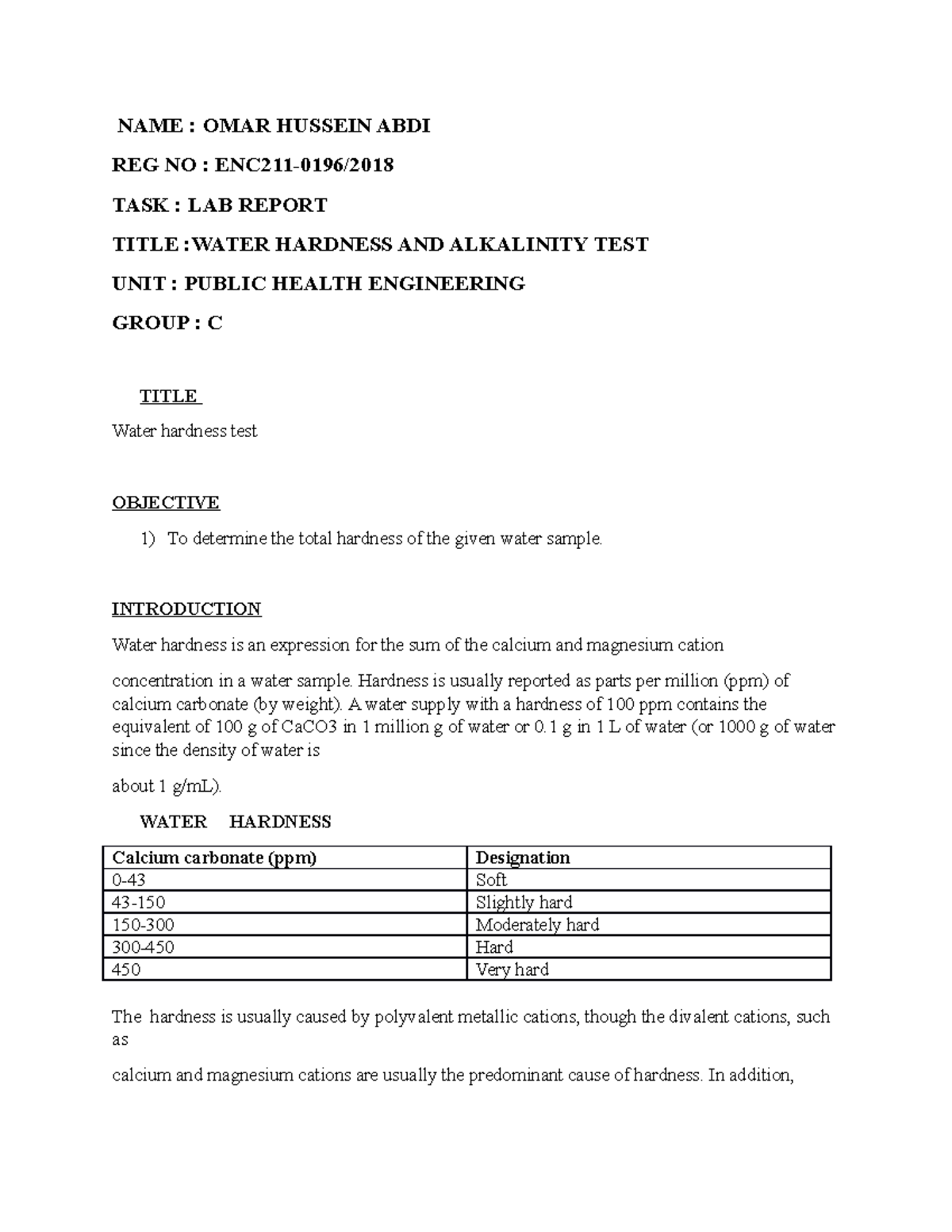 LAB Report ON Water Hardness AND Alkalinity TEST, ENC211-0196-2018 OMAR ...