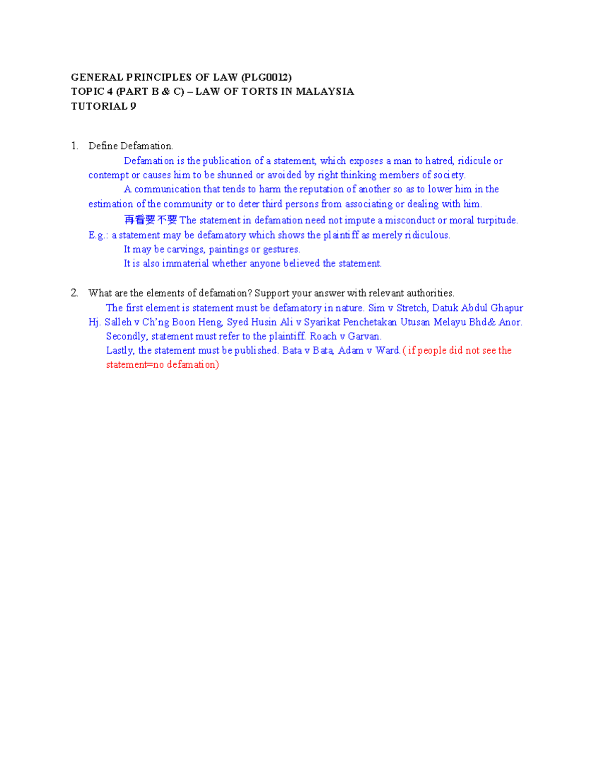 TUT 9 - Topic 4 (PART B C) - GENERAL PRINCIPLES OF LAW (PLG0012) TOPIC 4 (PART B & C) – LAW OF ...