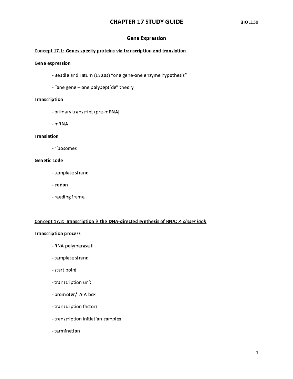 CH17 Study Guide 2 - review - CHAPTER 17 STUDY GUIDE BIOL Gene ...