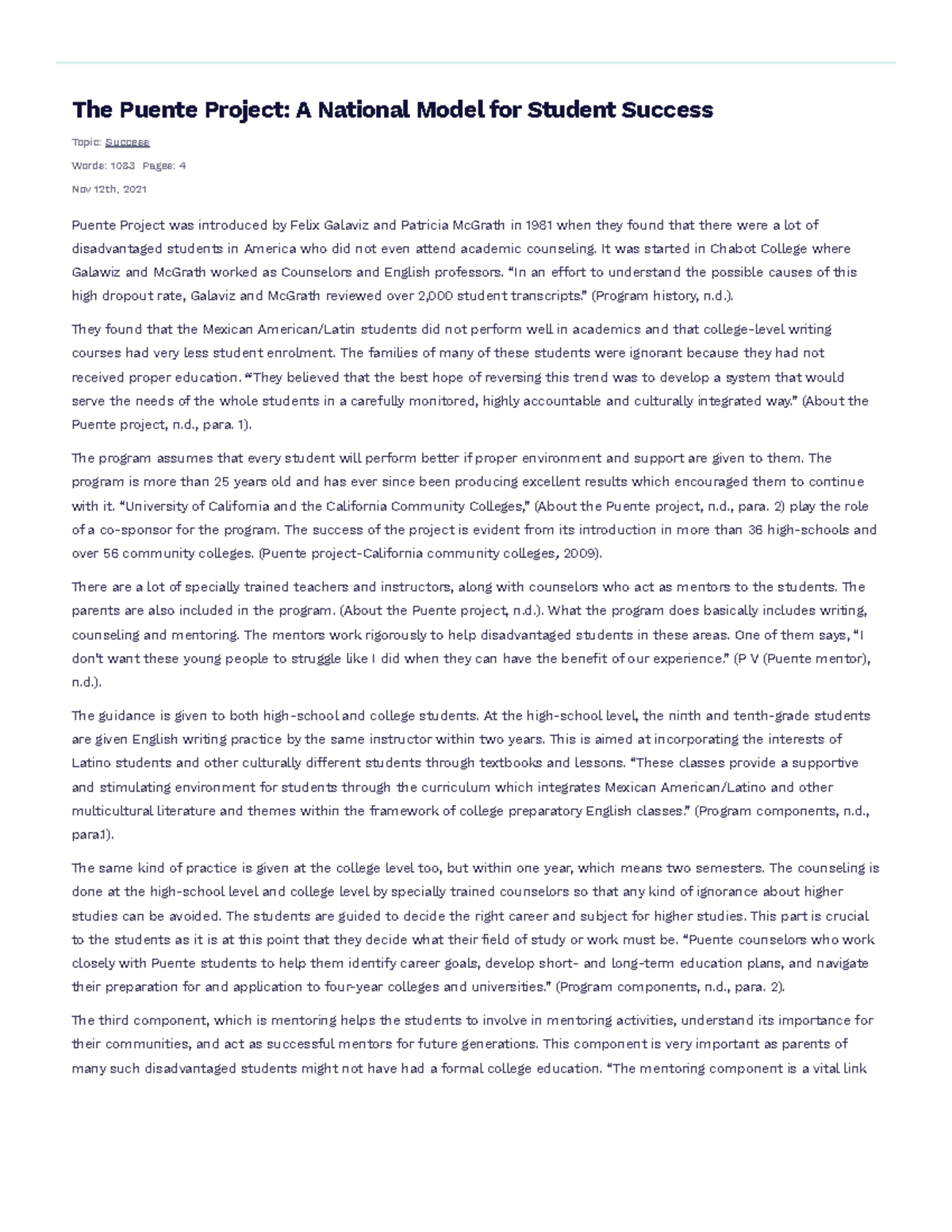 The Puente Project- A National Model for Student Success Free Essay ...