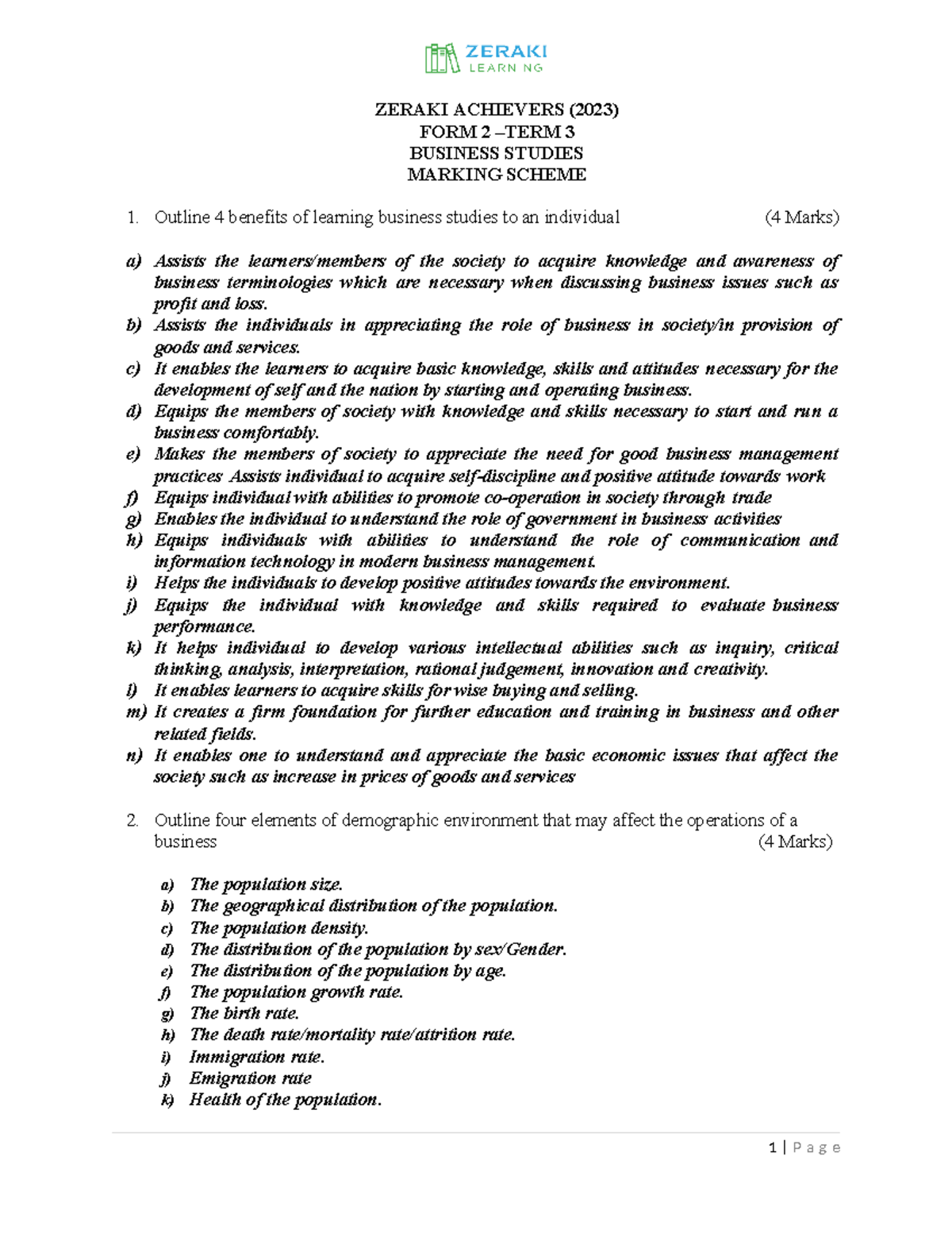 Business Studies Form 1 - Marking scheme - ZERAKI ACHIEVERS (2023) FORM ...