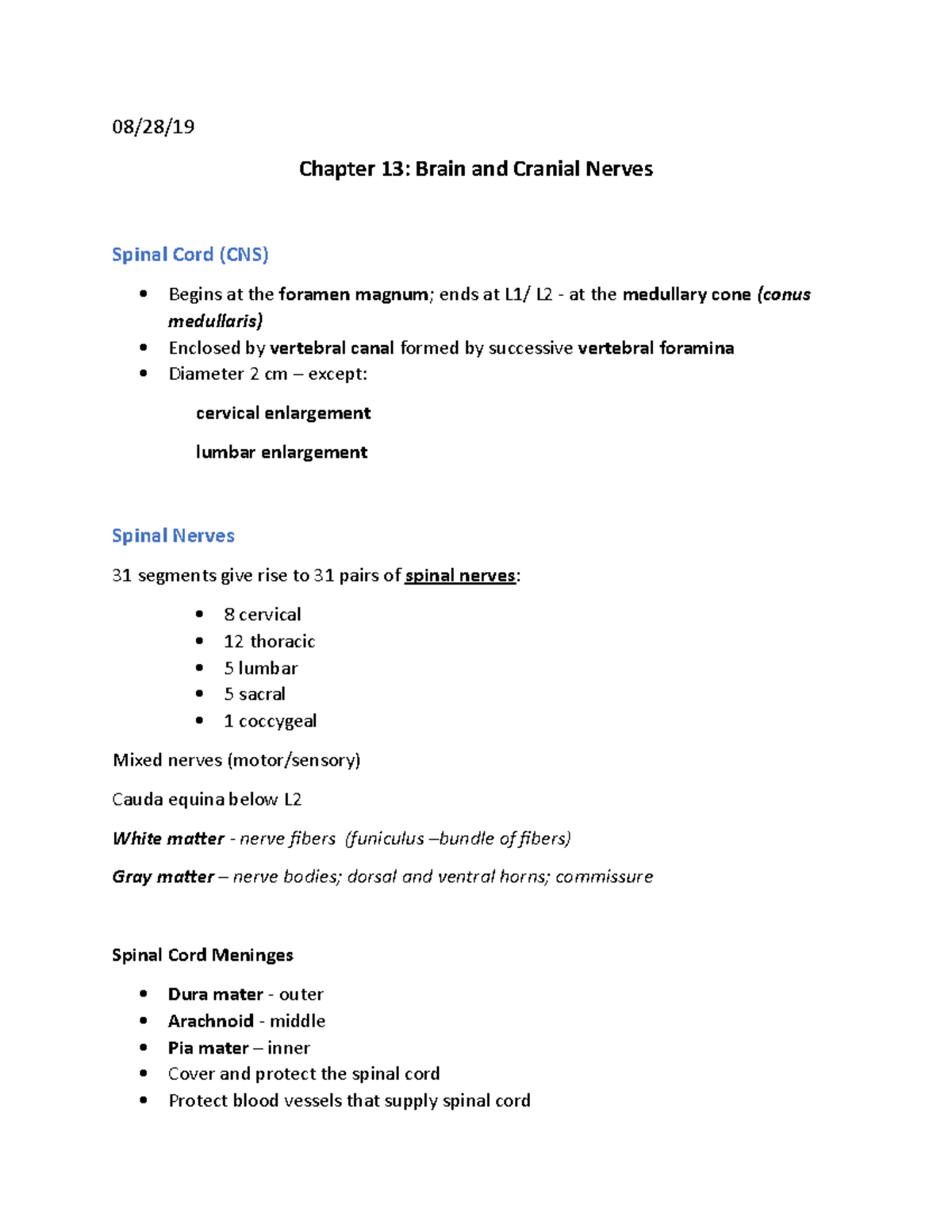BIO 425 Chapter 13: ''Spinal Cord and Spinal Nerves'' - 08/28/ Chapter ...
