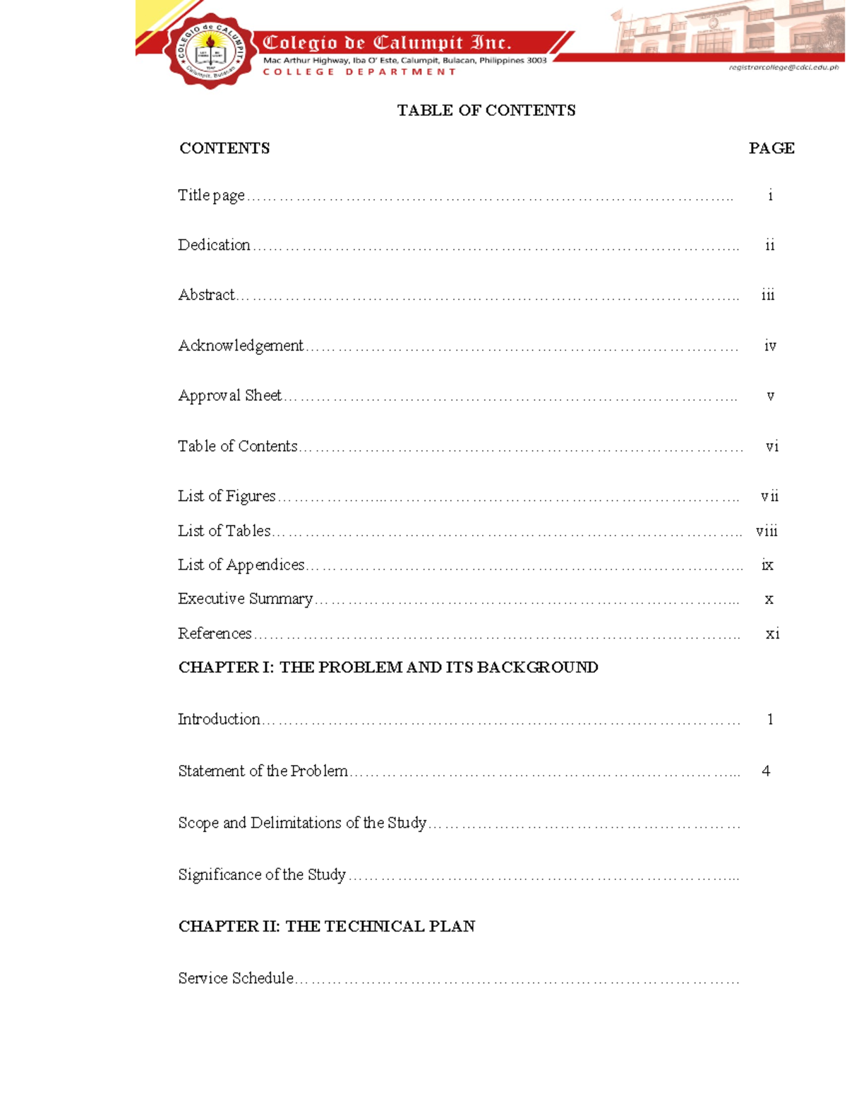 1.2 - Table OF Contents - Feasib toh - TABLE OF CONTENTS CONTENTS PAGE ...