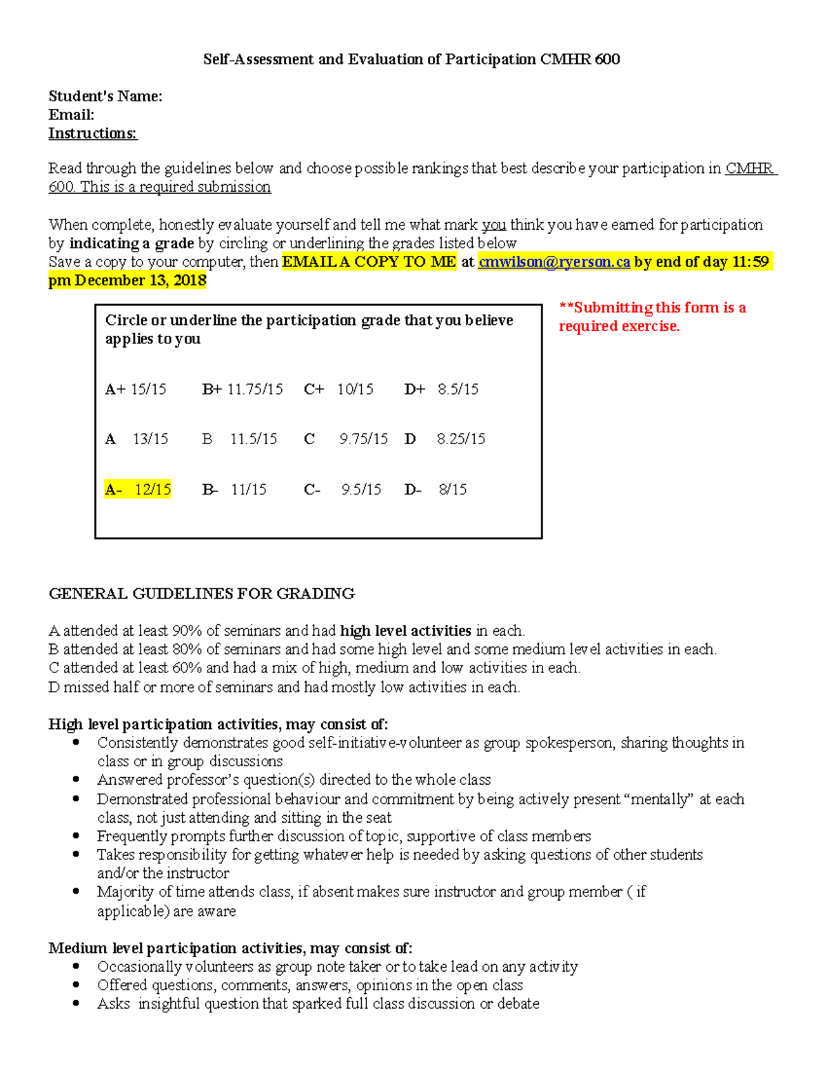 CMHR600 Self evaluatio - Self-Assessment and Evaluation of ...
