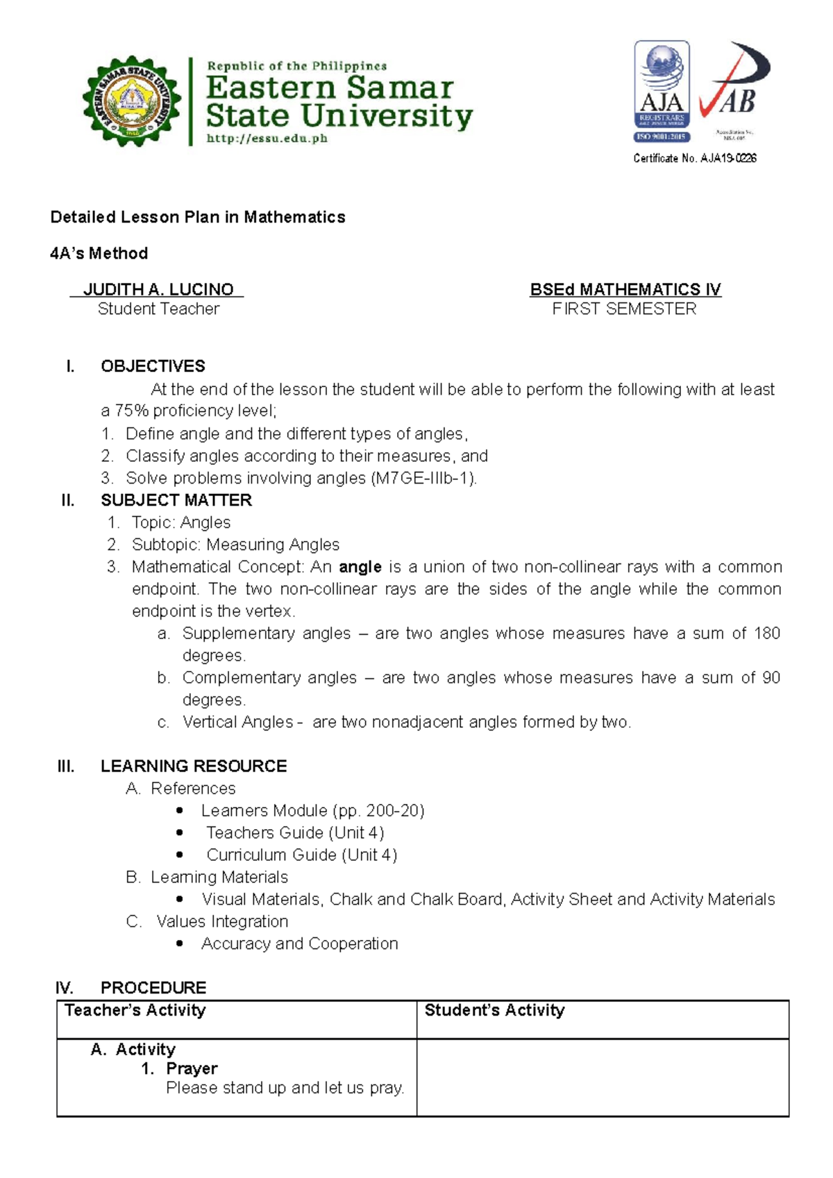 4ax27s lesson plan mathematics grade 7 - Certificate No. AJA19 ...