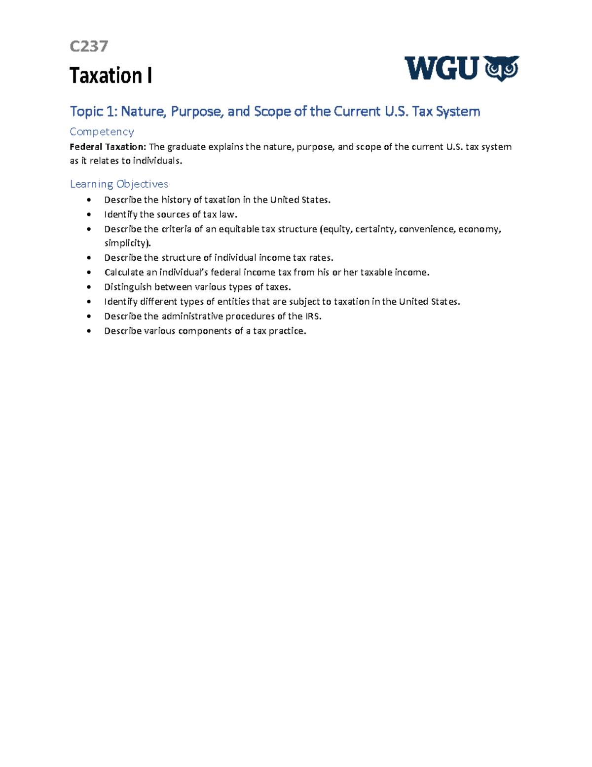 C237 Topic 1 Competencies and Objectives - Warning: TT: undefined function: 32 C Taxation I ...