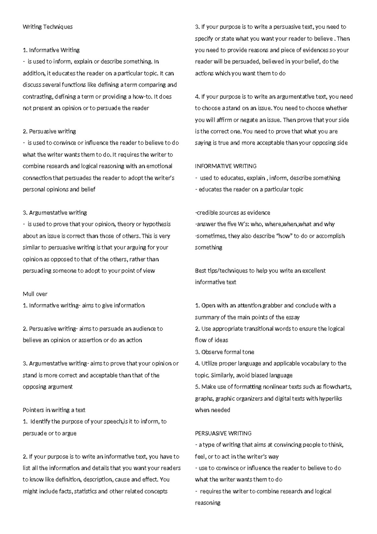 Writing-Techniques - class notes to review - Writing Techniques ...