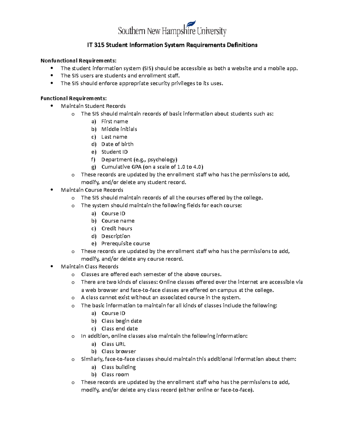 It315 student information system requirements definitions - IT 315 ...