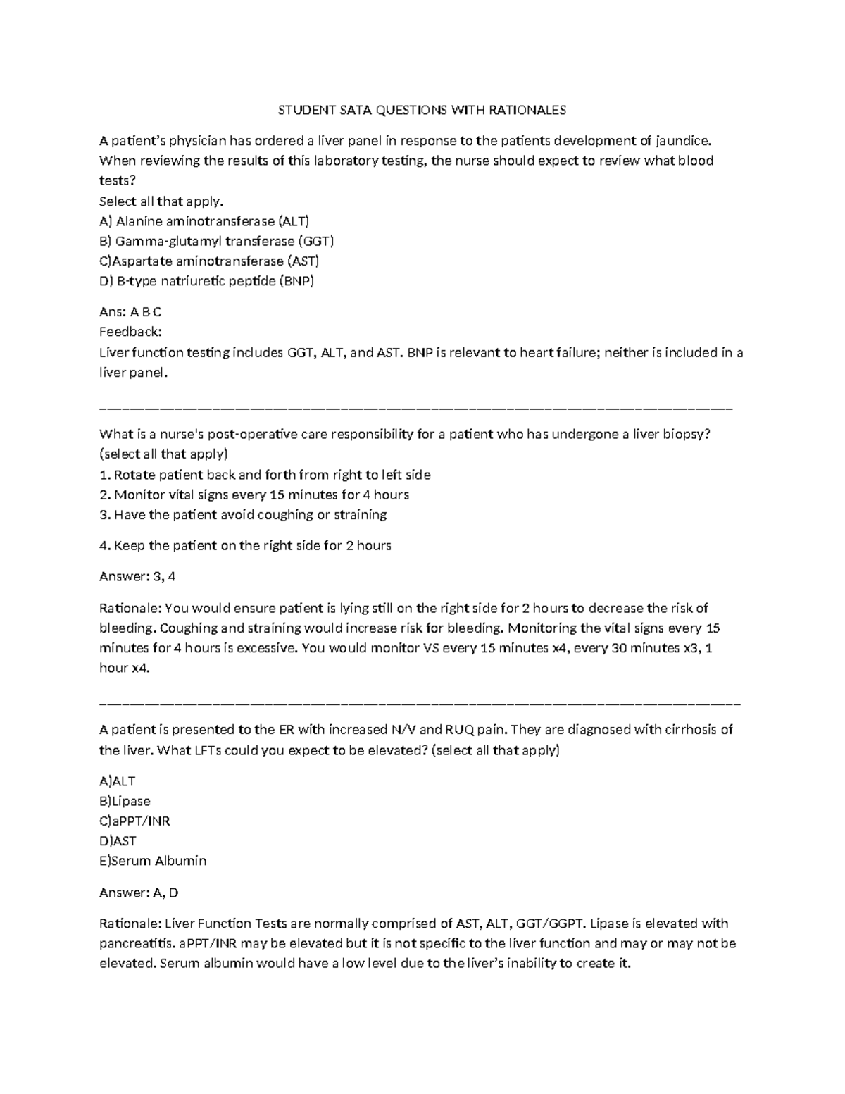 Student SATA Questions - STUDENT SATA QUESTIONS WITH RATIONALES A ...