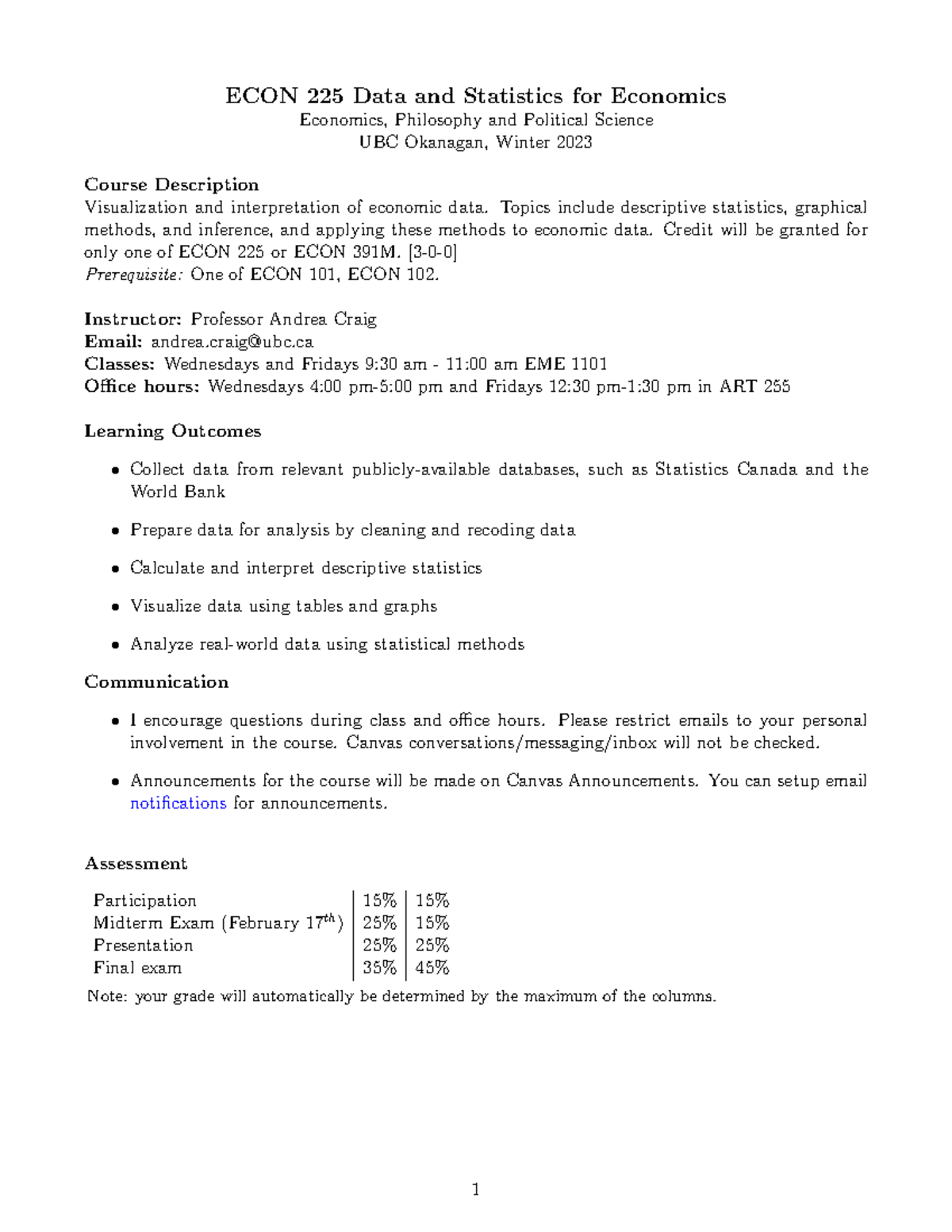 Draft ECON 225 Data and Statistics for Economics Syllabus W2023 - ECON ...