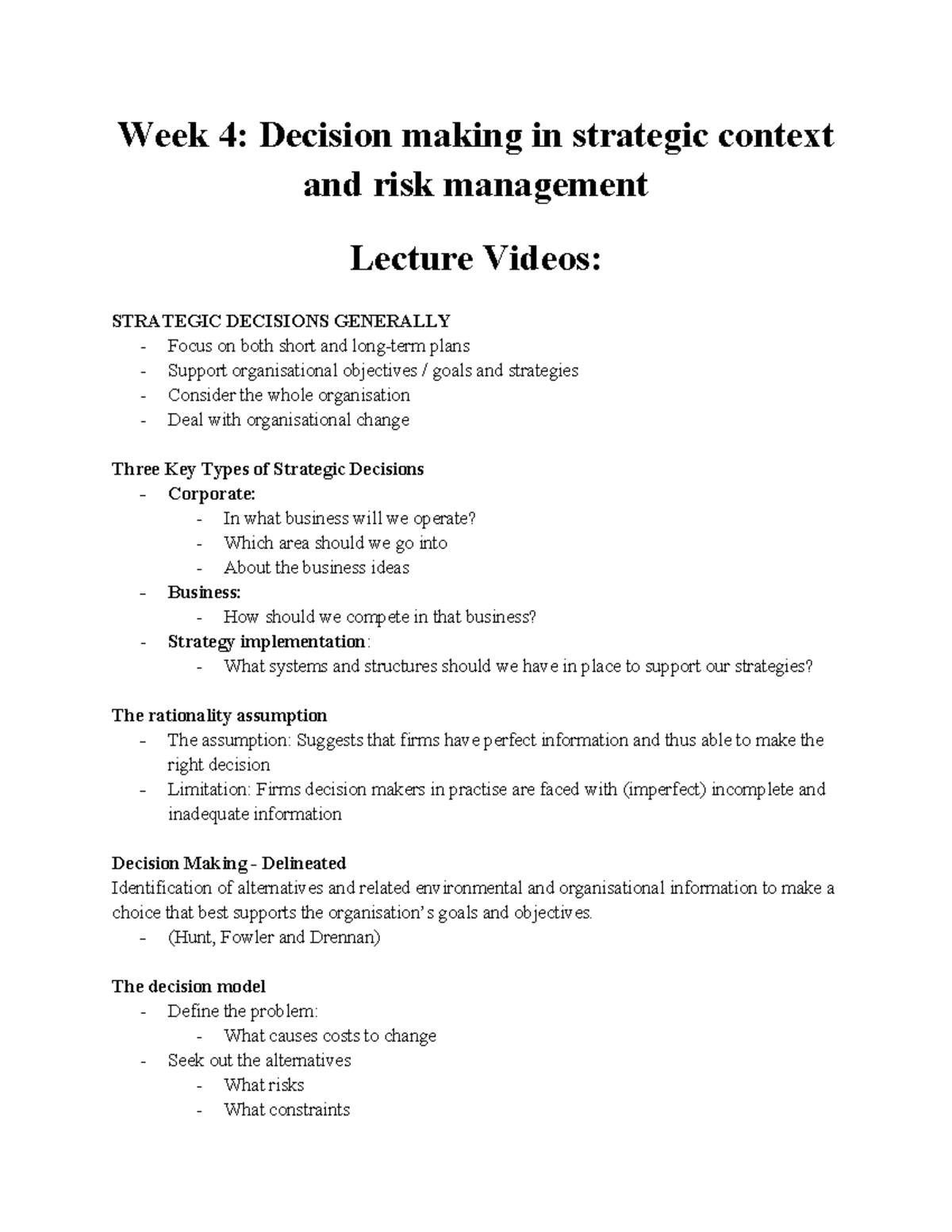 Week 4 Decision making in strategic context - Week 4: Decision making in strategic context and ...