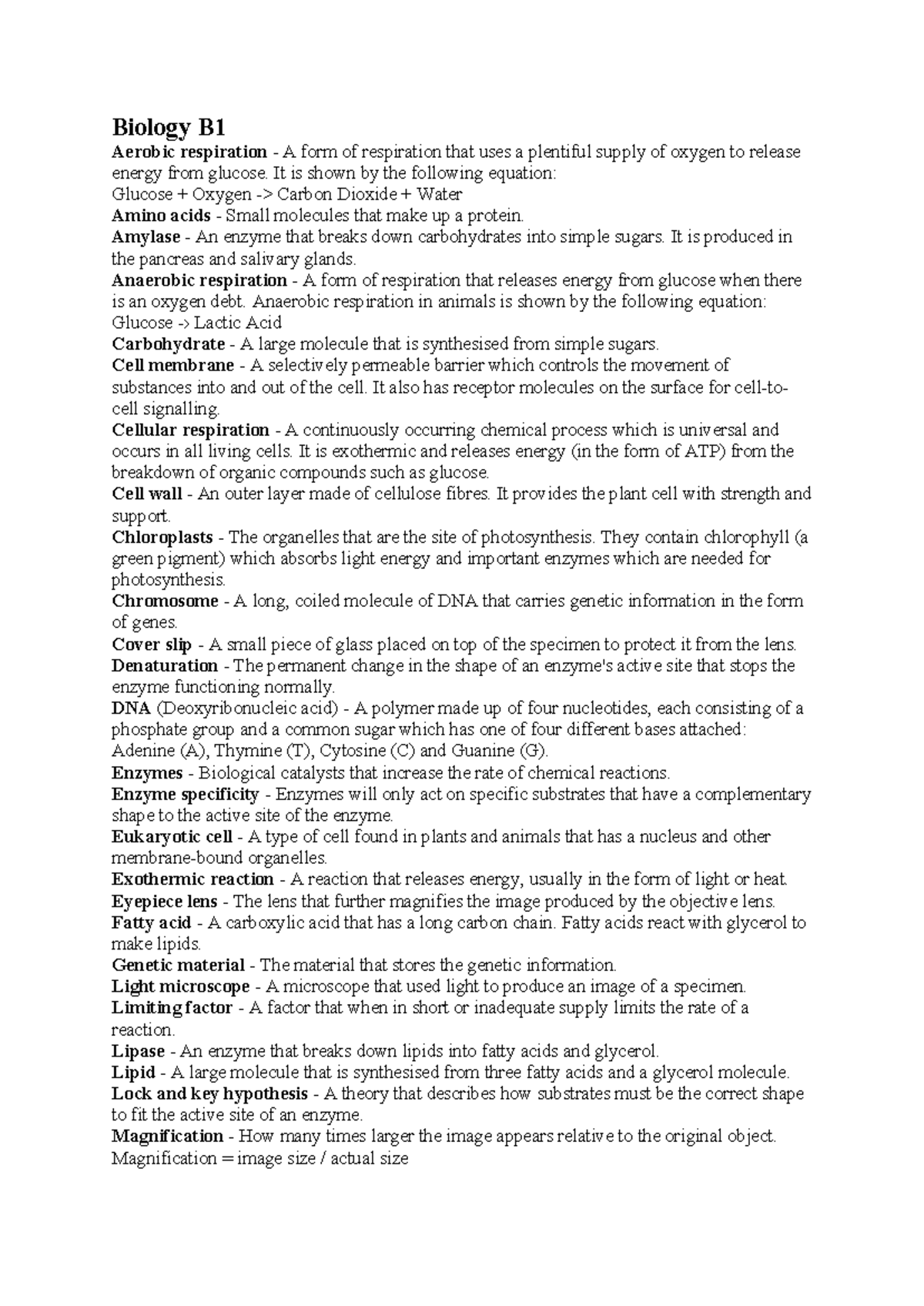 B1 Definitions - Glossary of B1 OCR A - Biology B Aerobic respiration ...