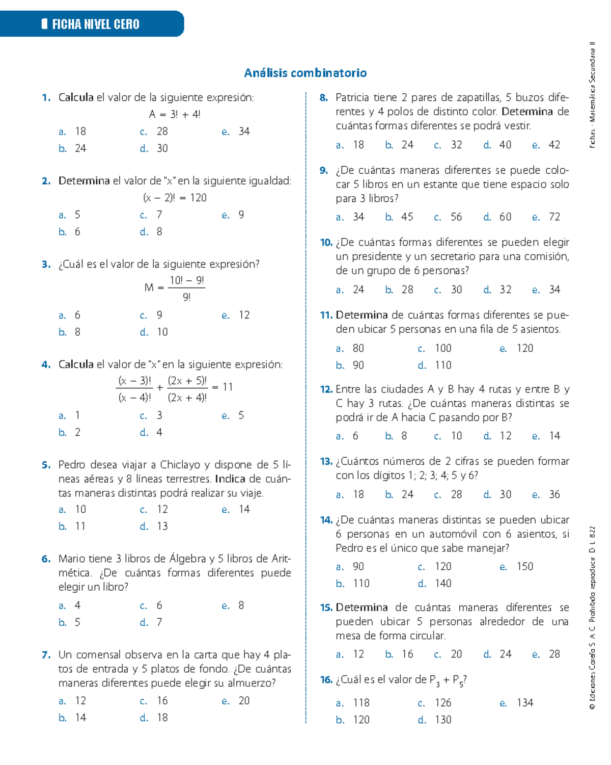 F0 253 Análisis combinatorio - FICHA NIVEL CERO Fichas - Matemática Secundaria II © Ediciones ...