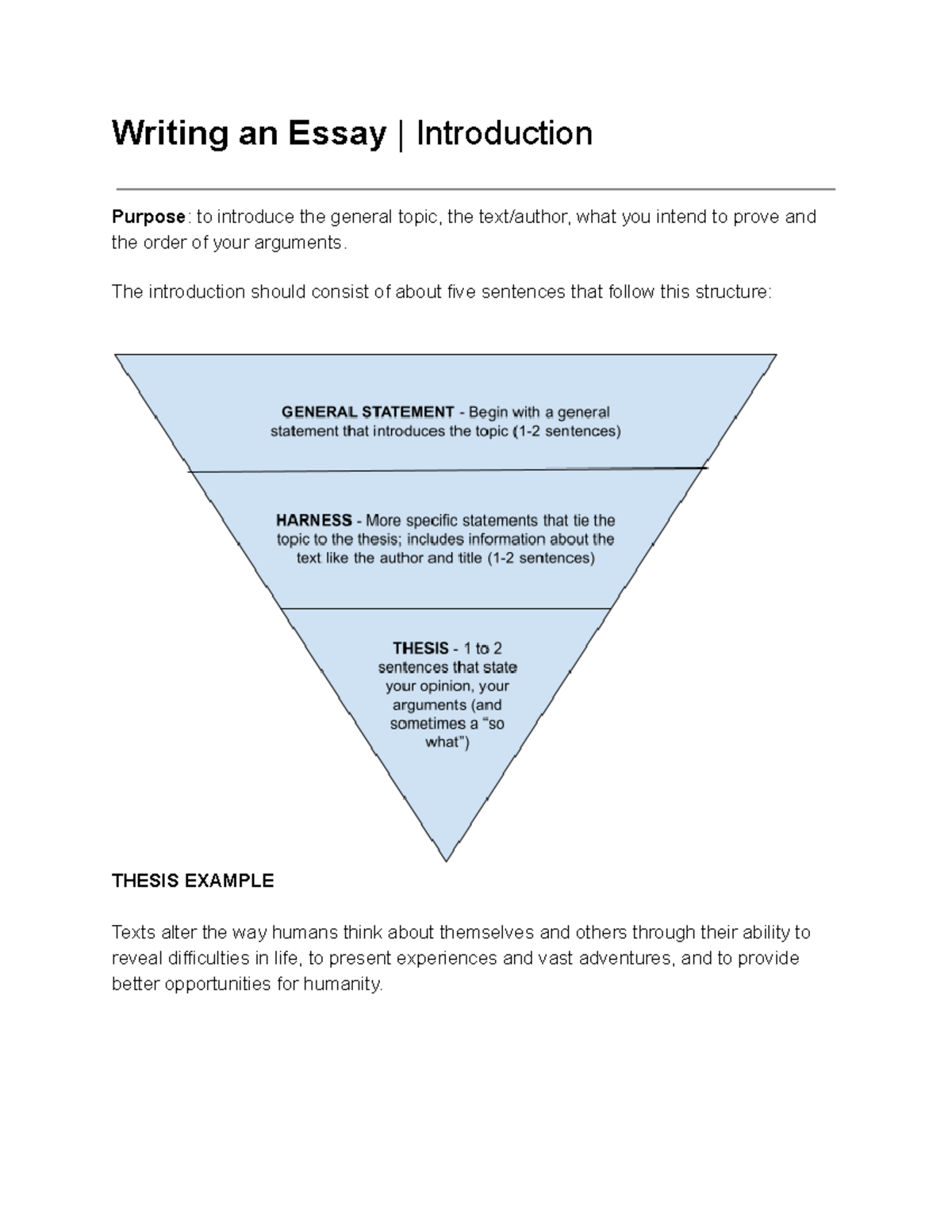 Writing an Essay Handout - Writing an Essay | Introduction Purpose : to ...