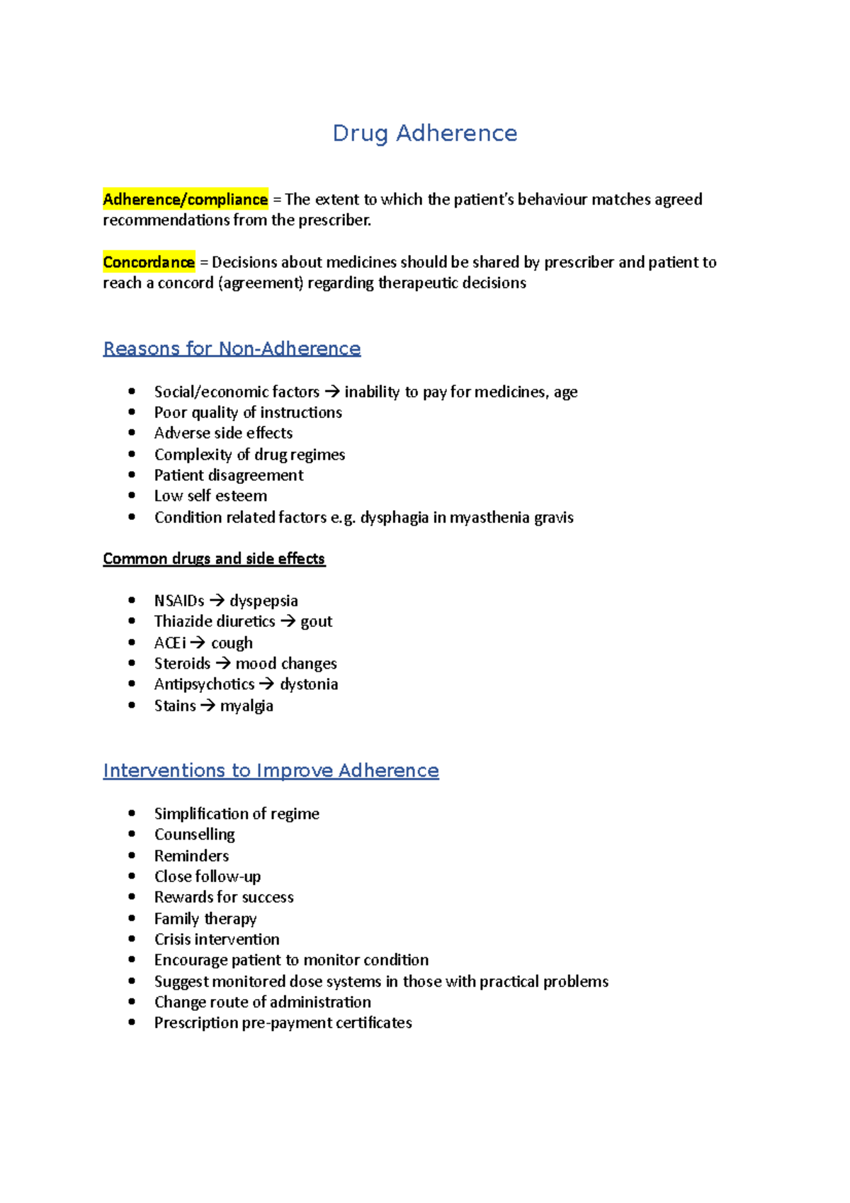 Drug Adherence - Drug Adherence Adherence/compliance = The extent to ...