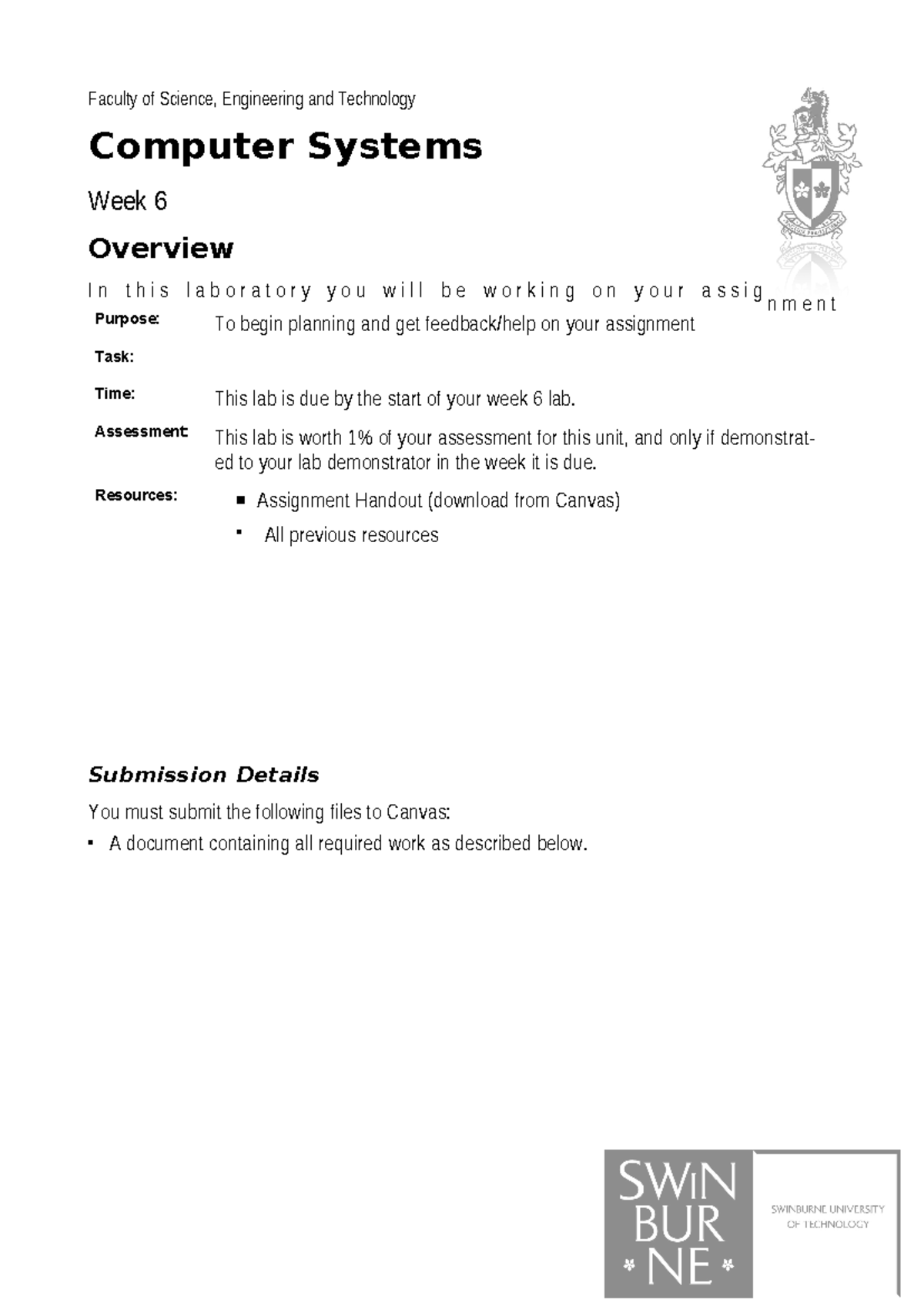 lab practice for w6 - Faculty of Science, Engineering and Technology Computer Systems Week 6 ...