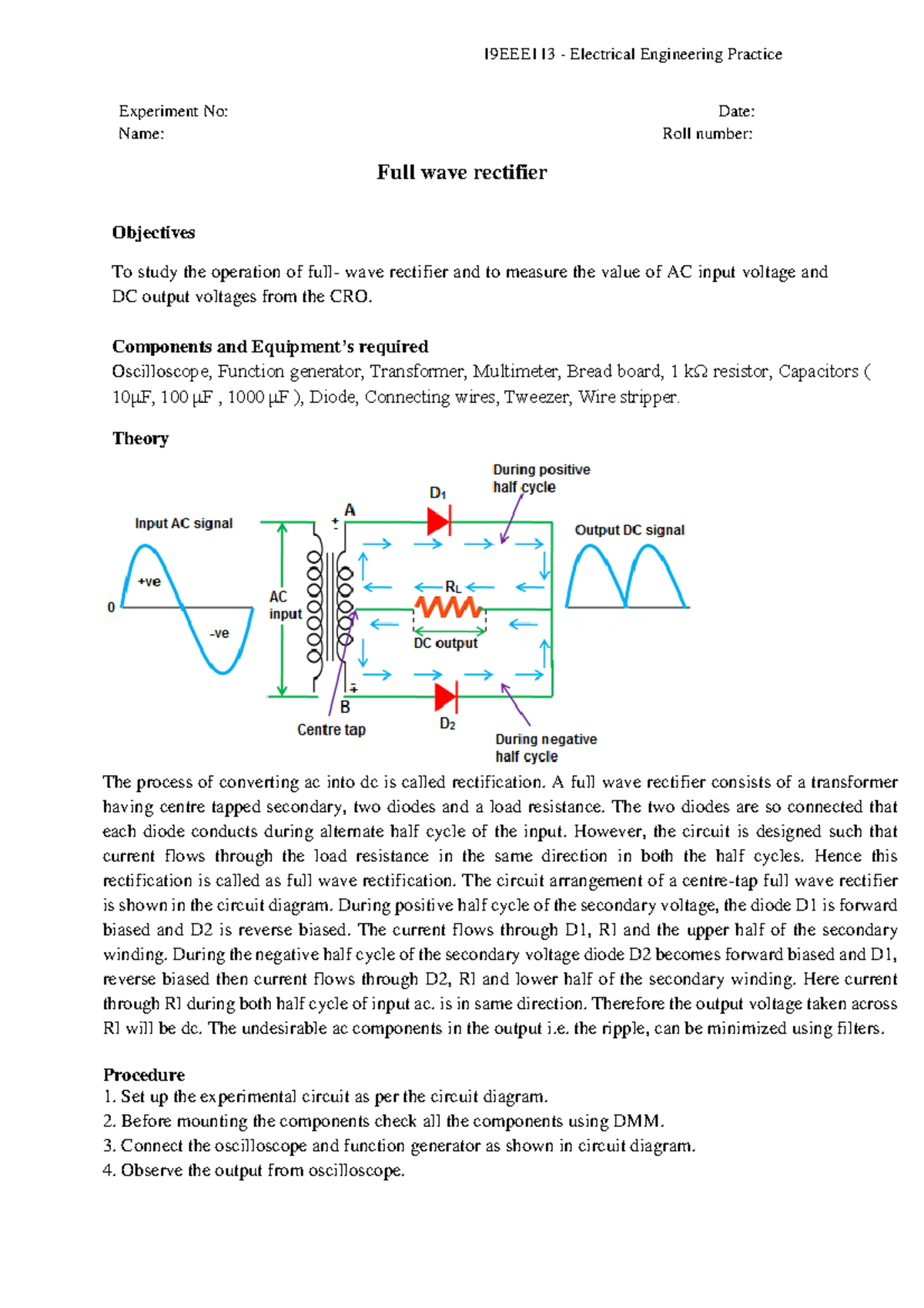 7 Full wave rectifier - 19EEE113 - Electrical Engineering Practice ...