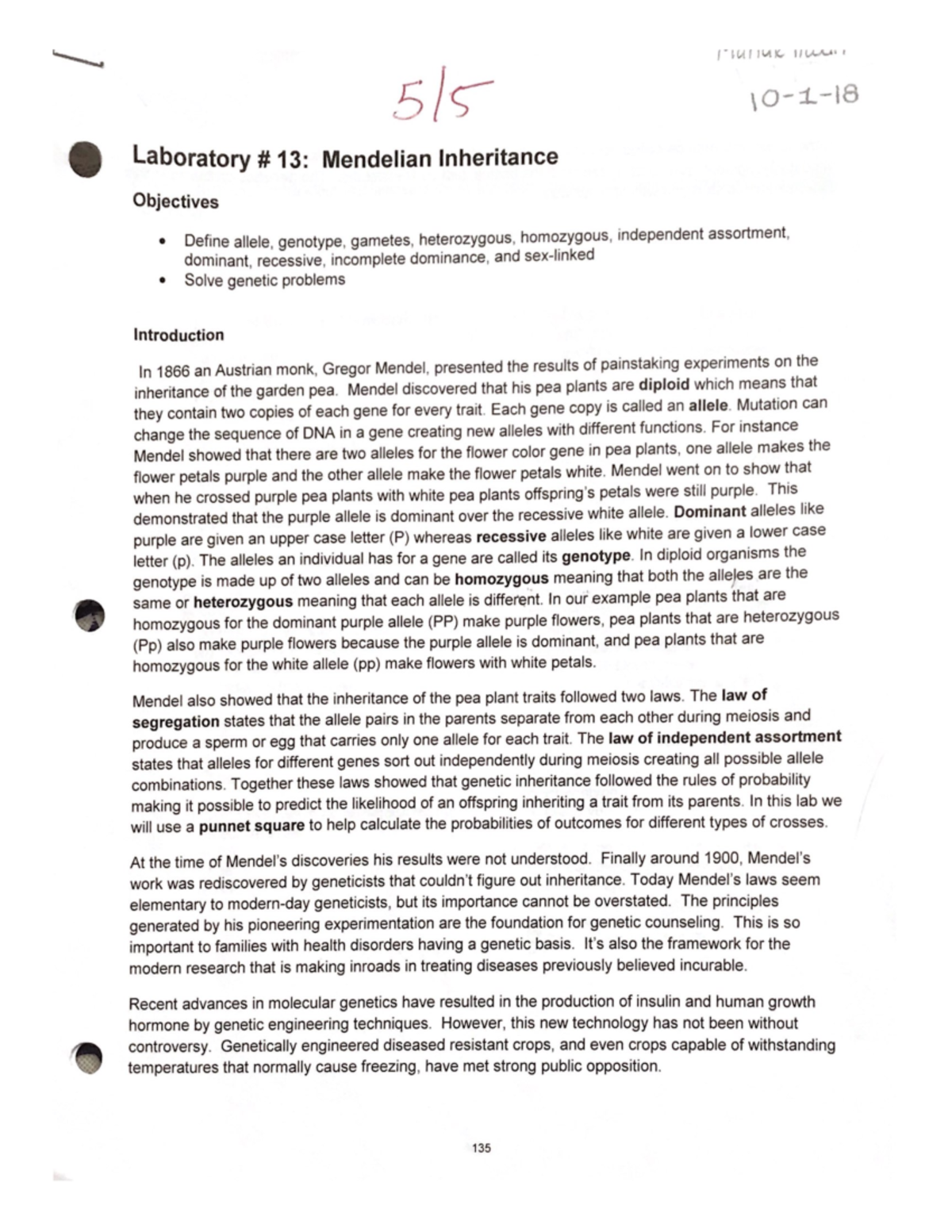 Lab 13 - Lab Work - 5 ia _ Laboratory Mendelian Inheritance Objectives e Define allele, genotype ...