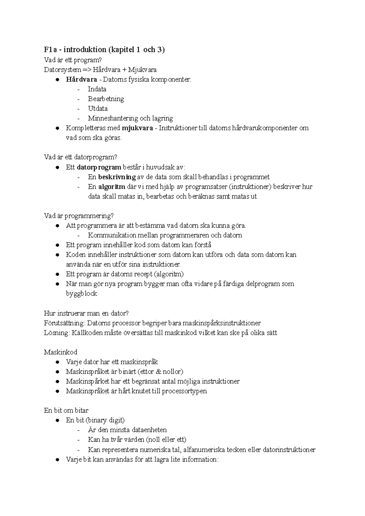 Grundlägande programmering - F1a - introduktion (kapitel 1 och 3) Vad ...