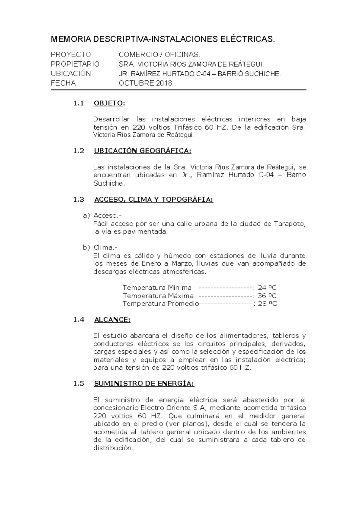 Memoria Descriptiva Electricas - MEMORIA DESCRIPTIVA-INSTALACIONES ELÉCTRICAS. PROYECTO ...