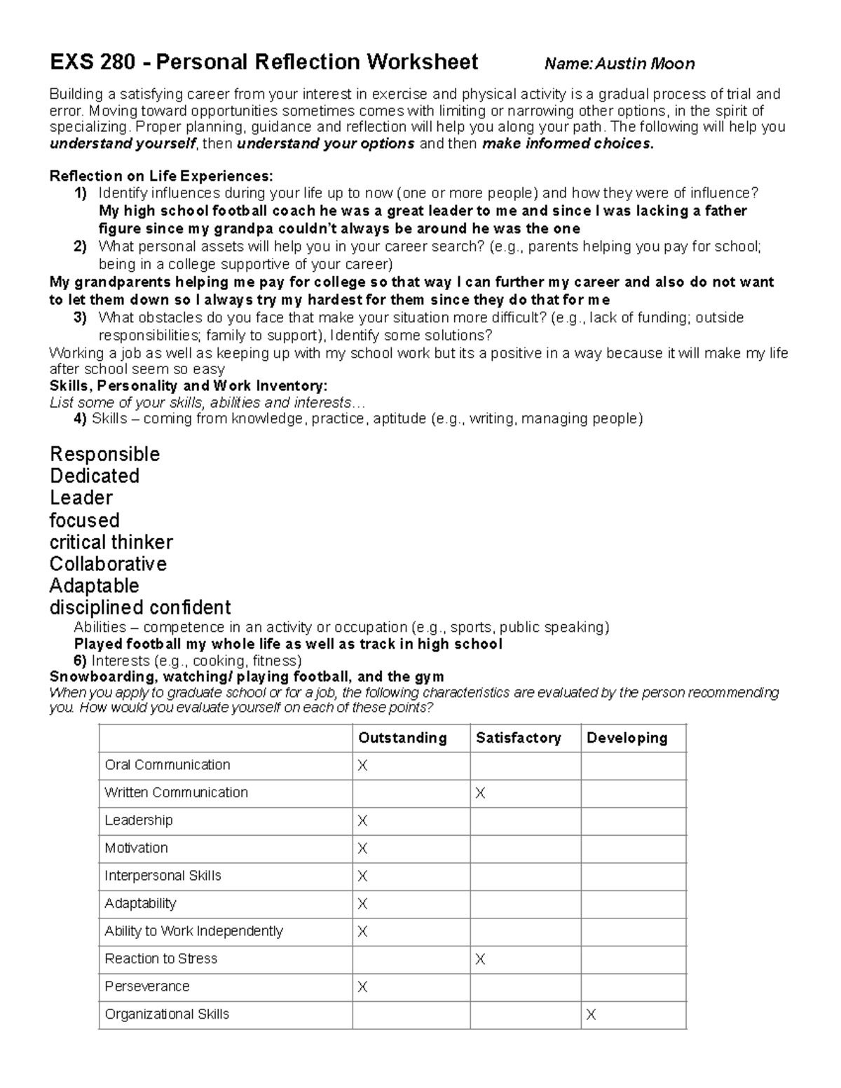 EXS 280 Personal Reflection Worksheet - EXS 280 - Personal Reflection ...