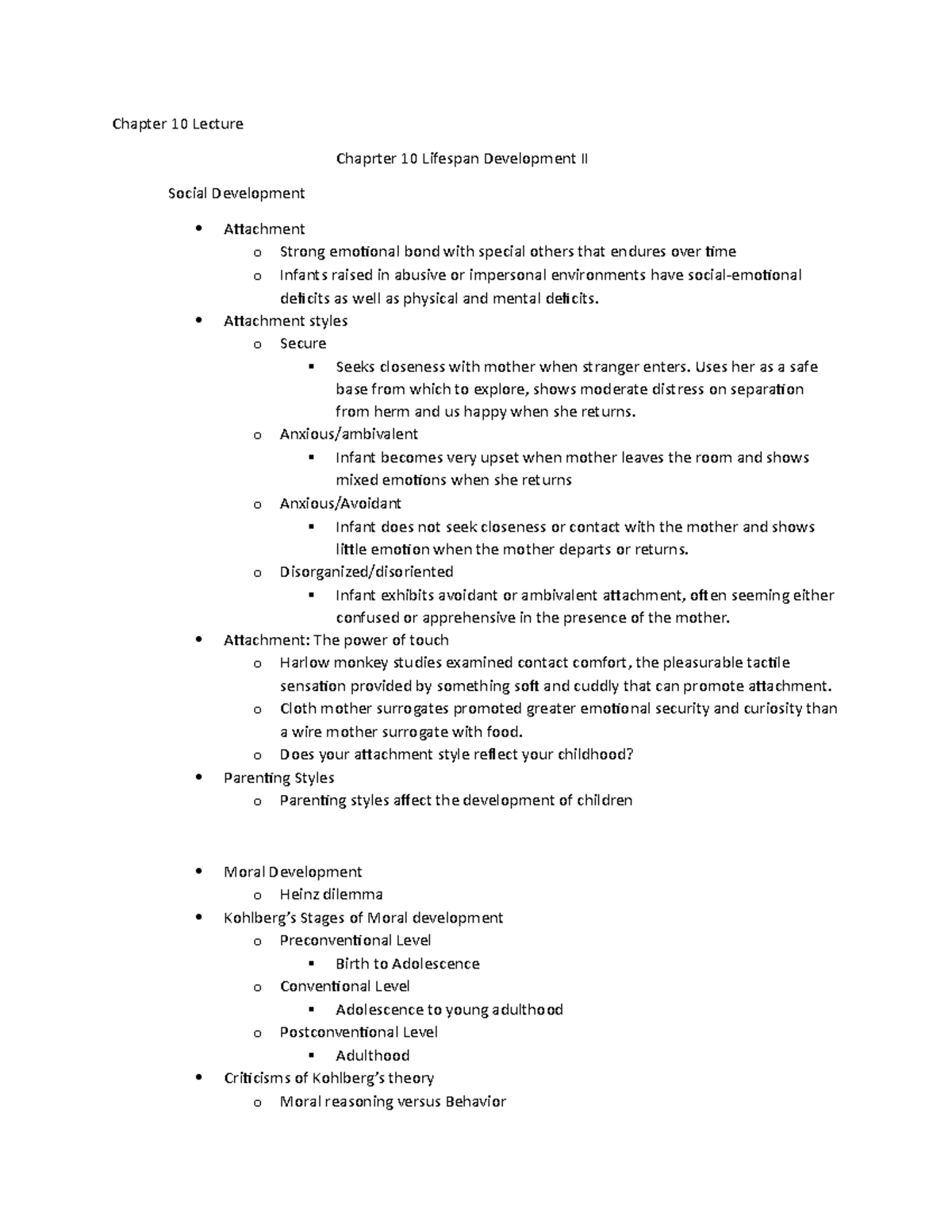 Psych Ch. 10 Lecture - Chapter 10 Lecture Chaprter 10 Lifespan Development II Social Development ...