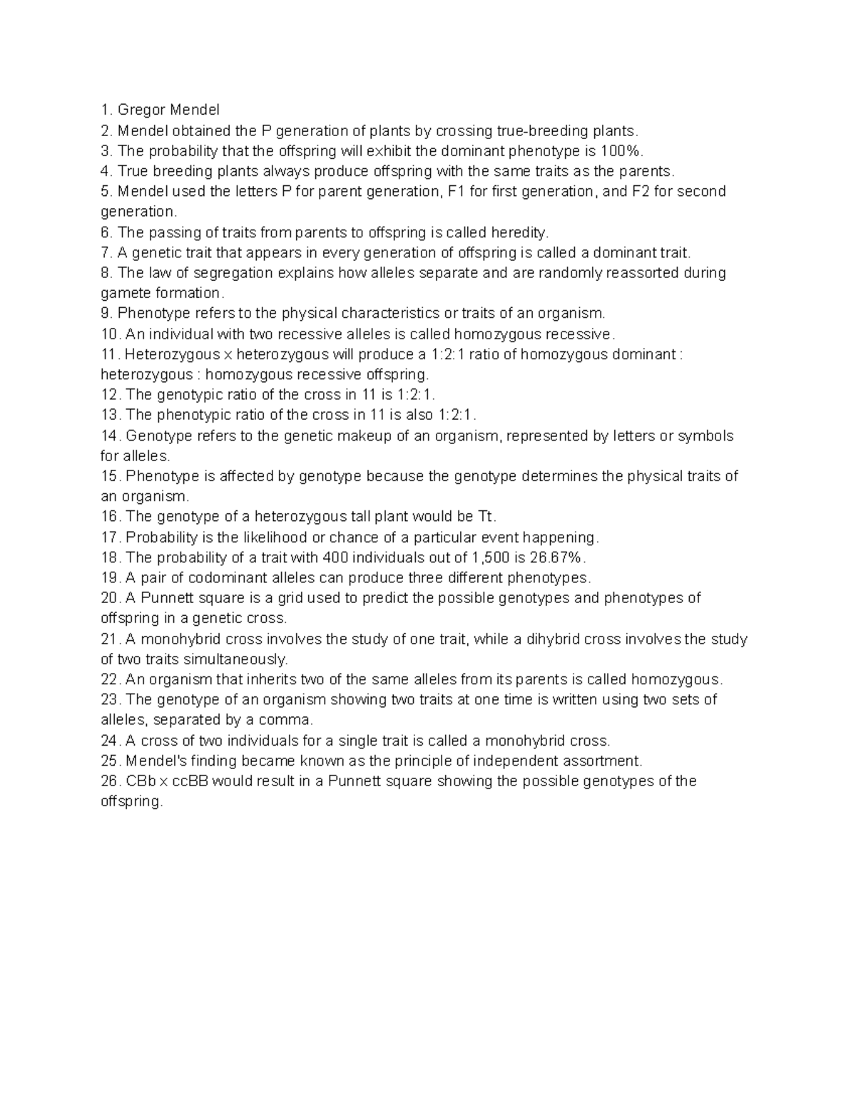 Study guide - Hard - Gregor Mendel Mendel obtained the P generation of ...