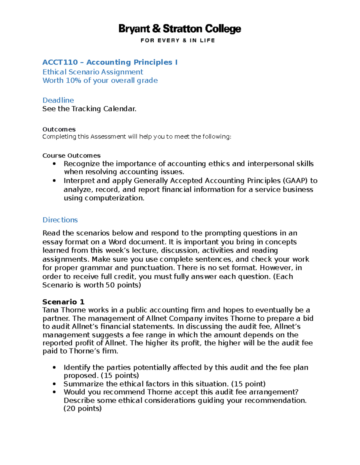 M2 Accounting Scenarios - ACCT110 – Accounting Principles I Ethical ...