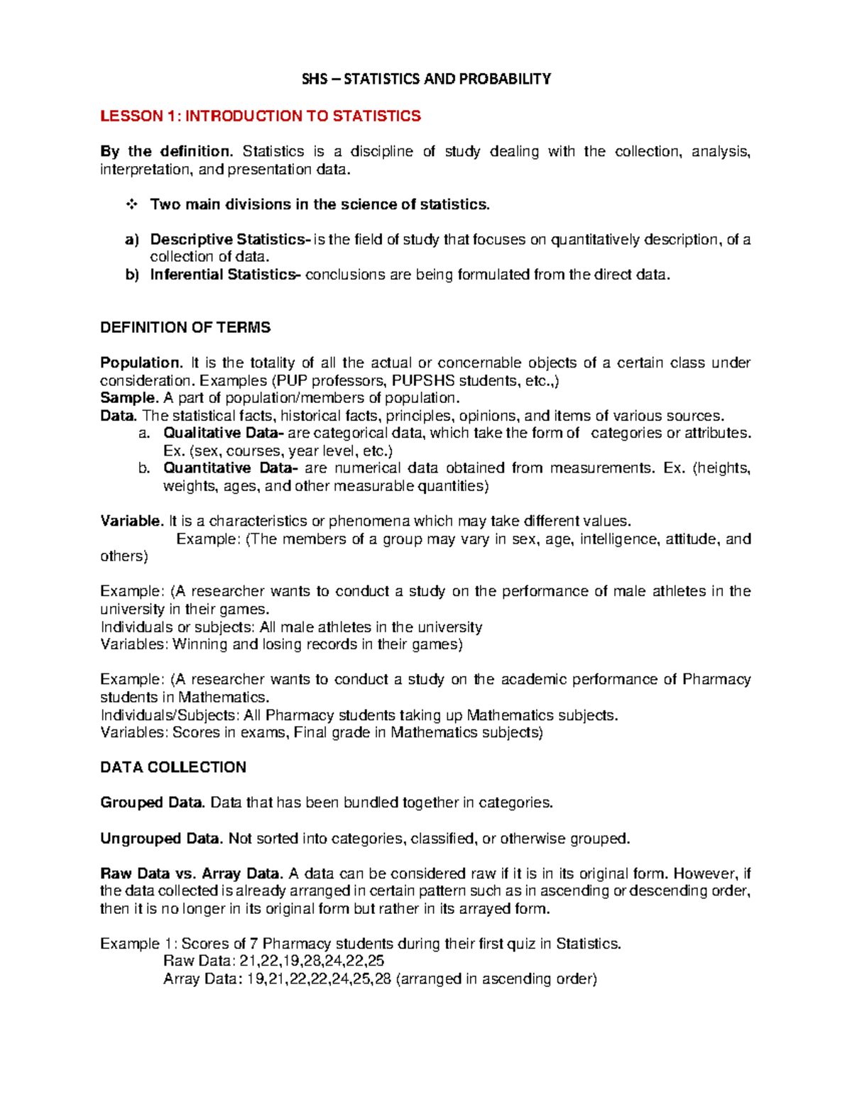Practice Materials in Statistics 1 - Senior High School - LESSON 1 ...