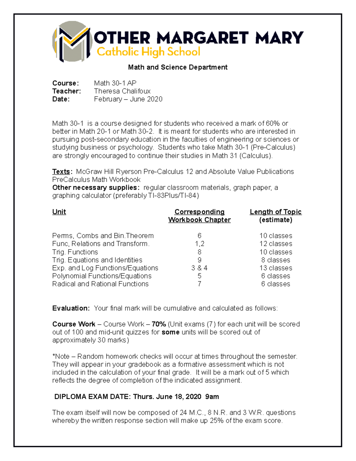 2019 Math 30-1 Course Outline Edmonton Alberta Canada - Math and ...
