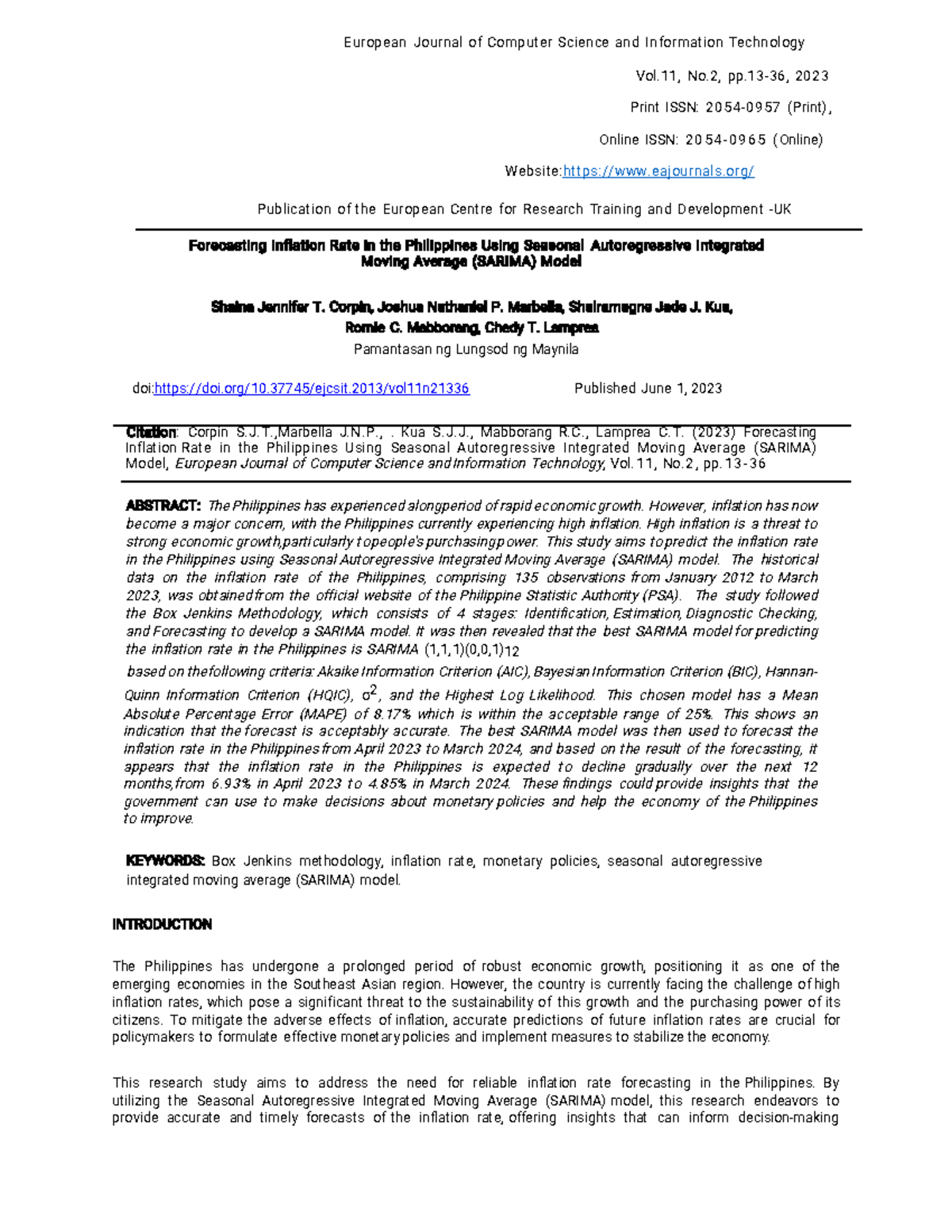 Forecasting Inflation Rate Edited European Journal Of Computer
