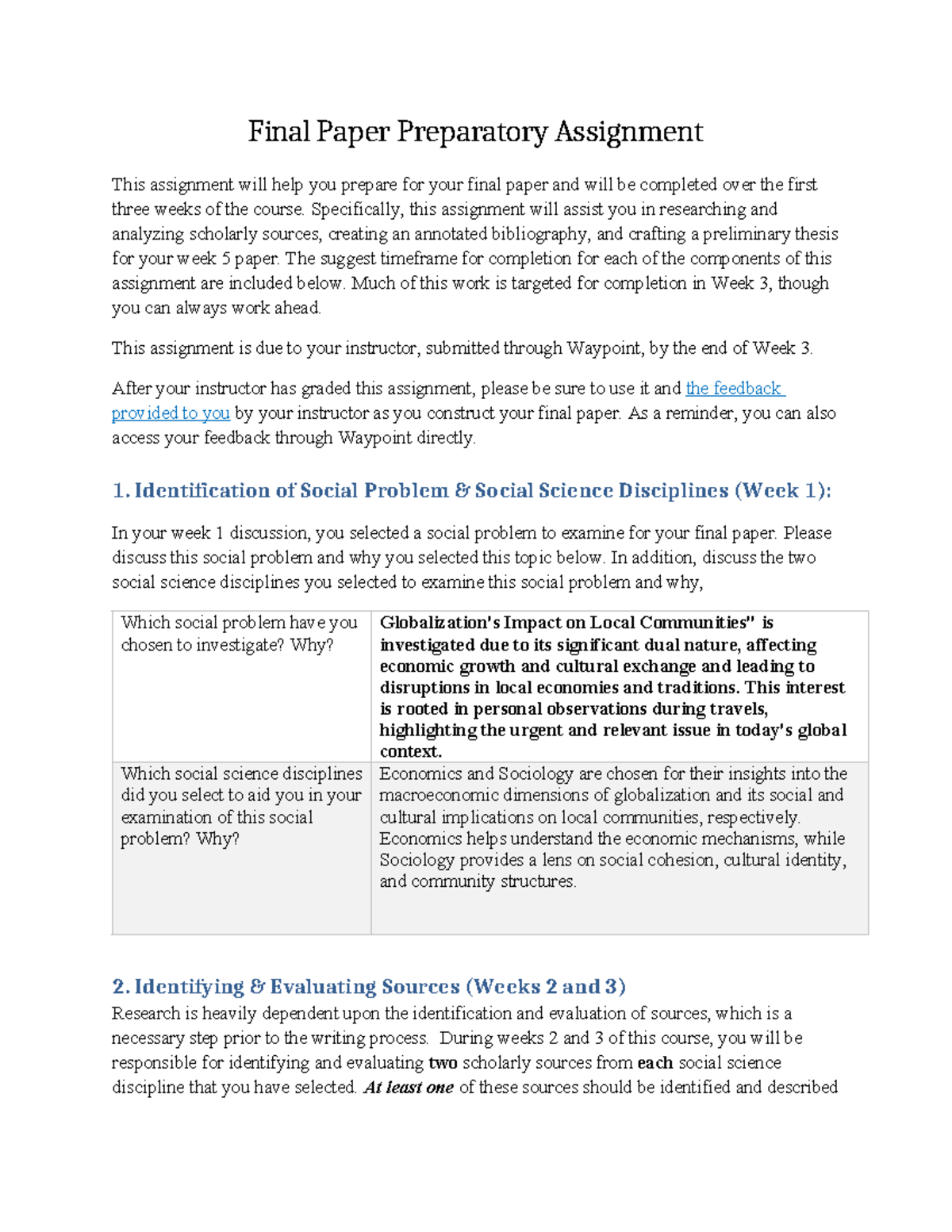 SSC 101 Week 3 Final Paper Prep Assignment - Final Paper Preparatory ...